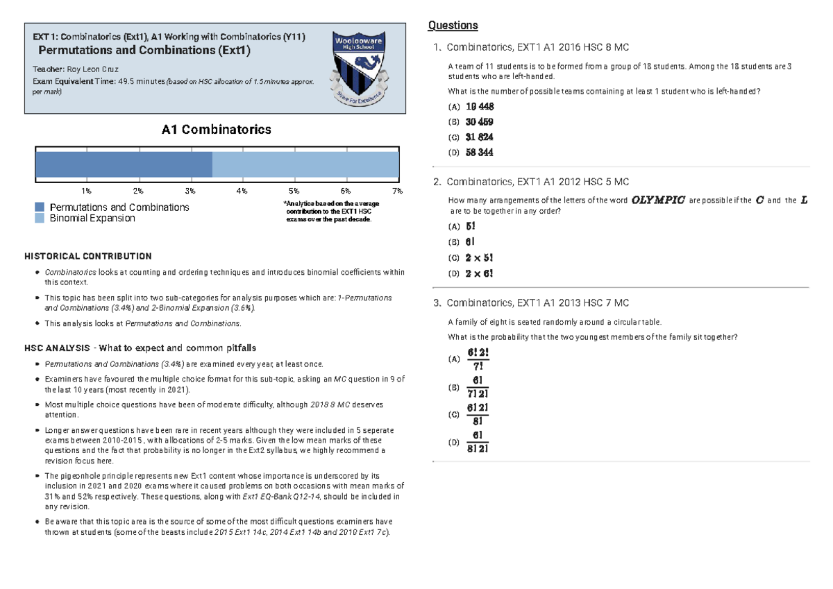 Permutations and combinations Practice for task 2 - EXT 1: Combinatorics (Ext1), A1 Working with ...