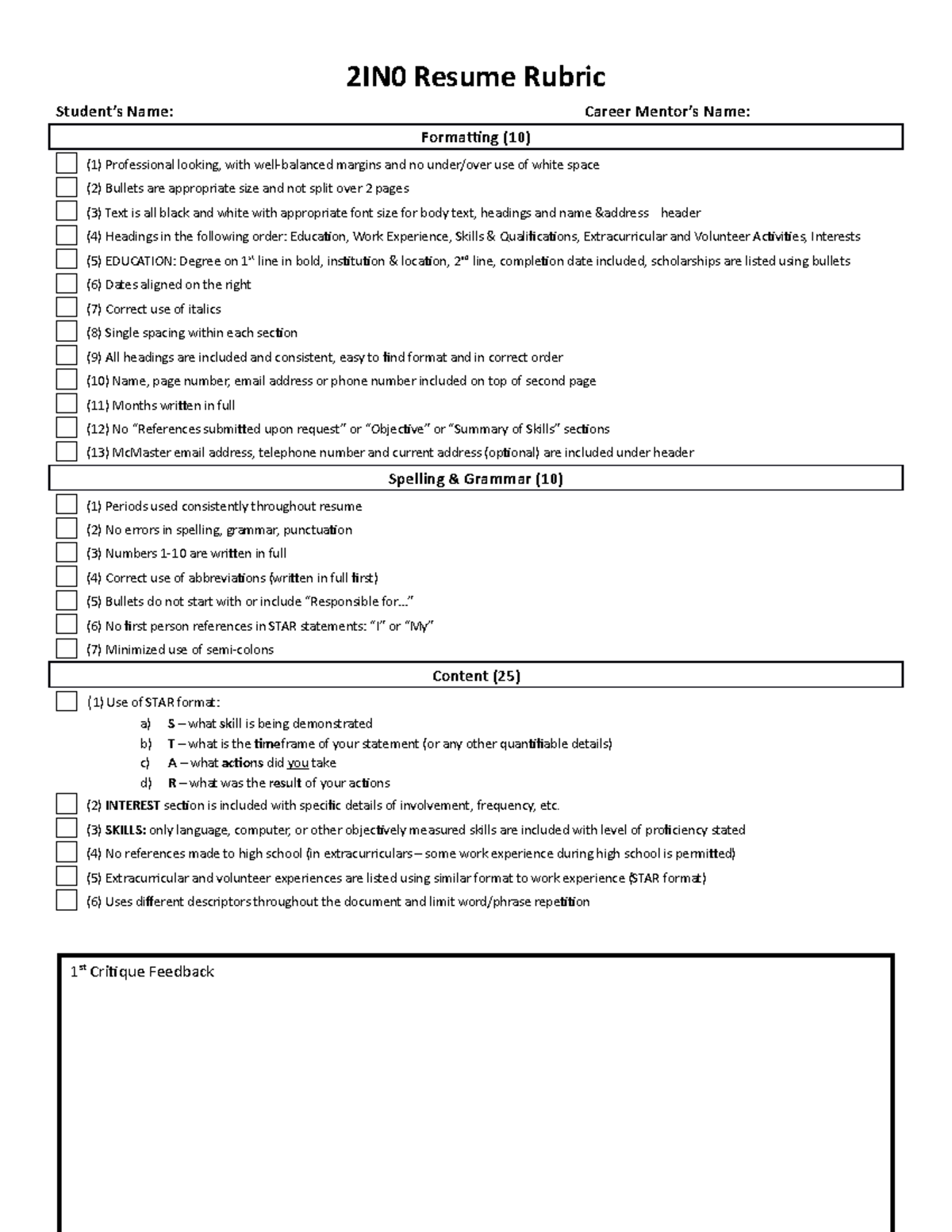 2IN0 Resume Rubric - Career Practice - 2IN0 Resume Rubric Student’s ...