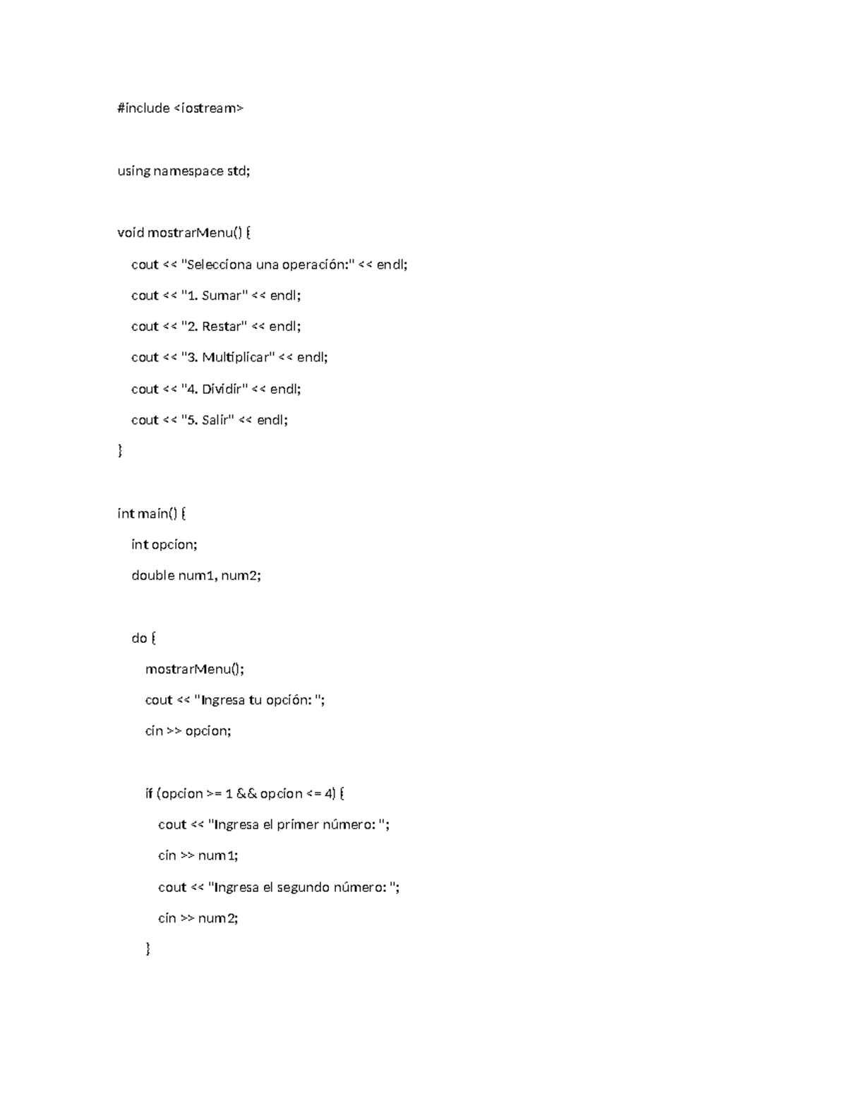 Programacion Calculadora - #include using namespace std; void mostrarMenu() { cout - Studocu