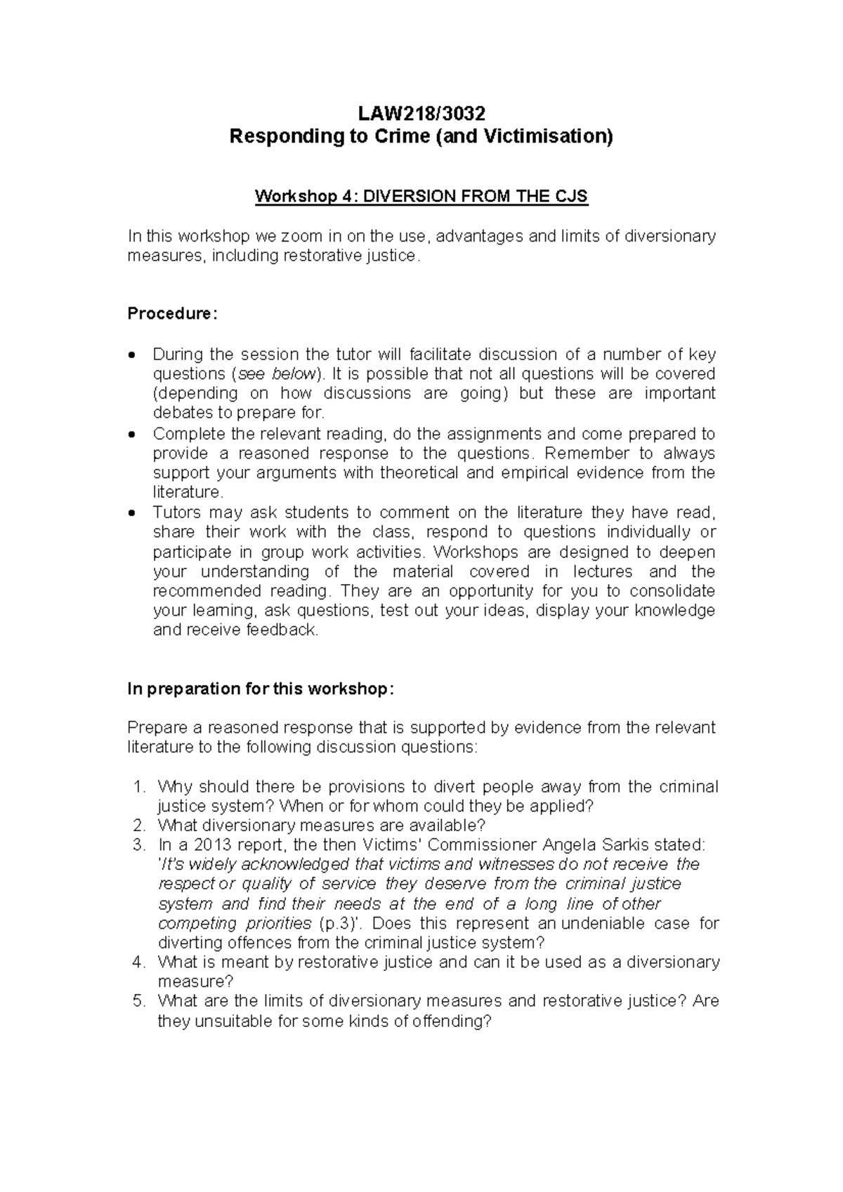 Workshop 4 - Diversion from the CJS(1) - LAW218/ Responding to Crime ...