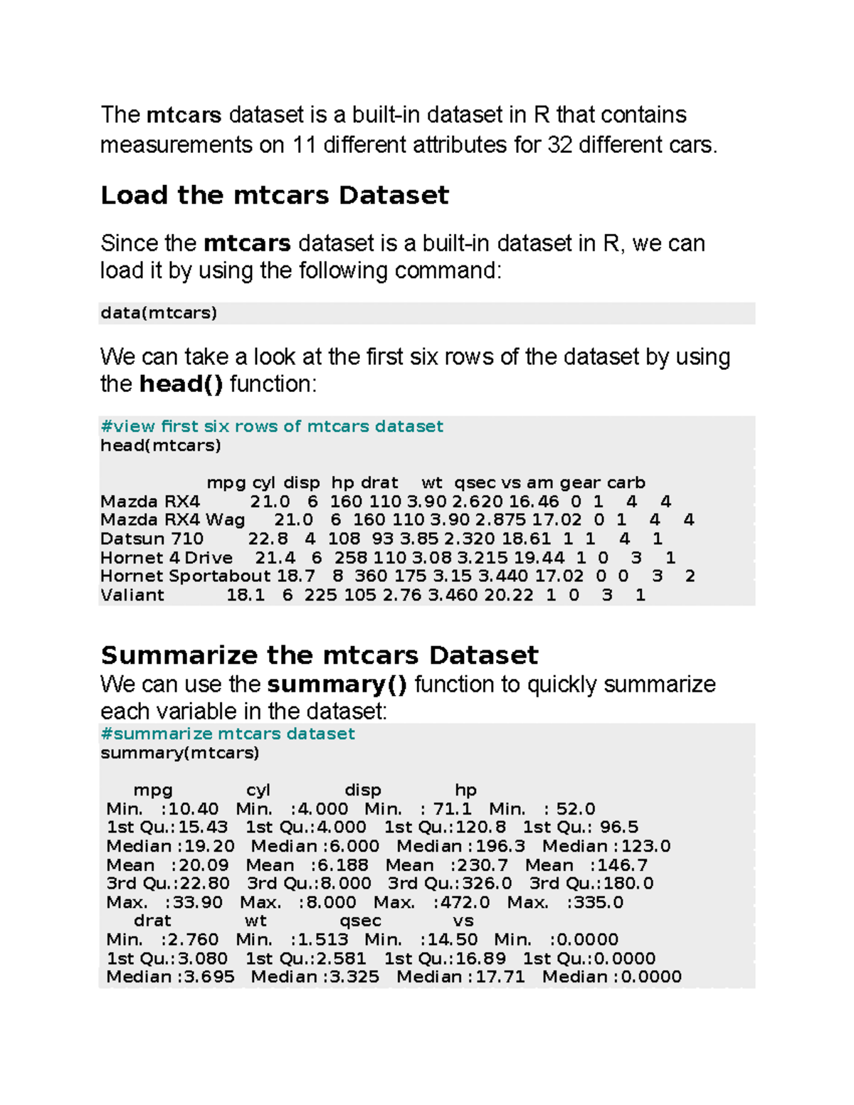Rlabweek 6 aml&ds - The mtcars dataset is a built-in dataset in R that contains measurements on ...