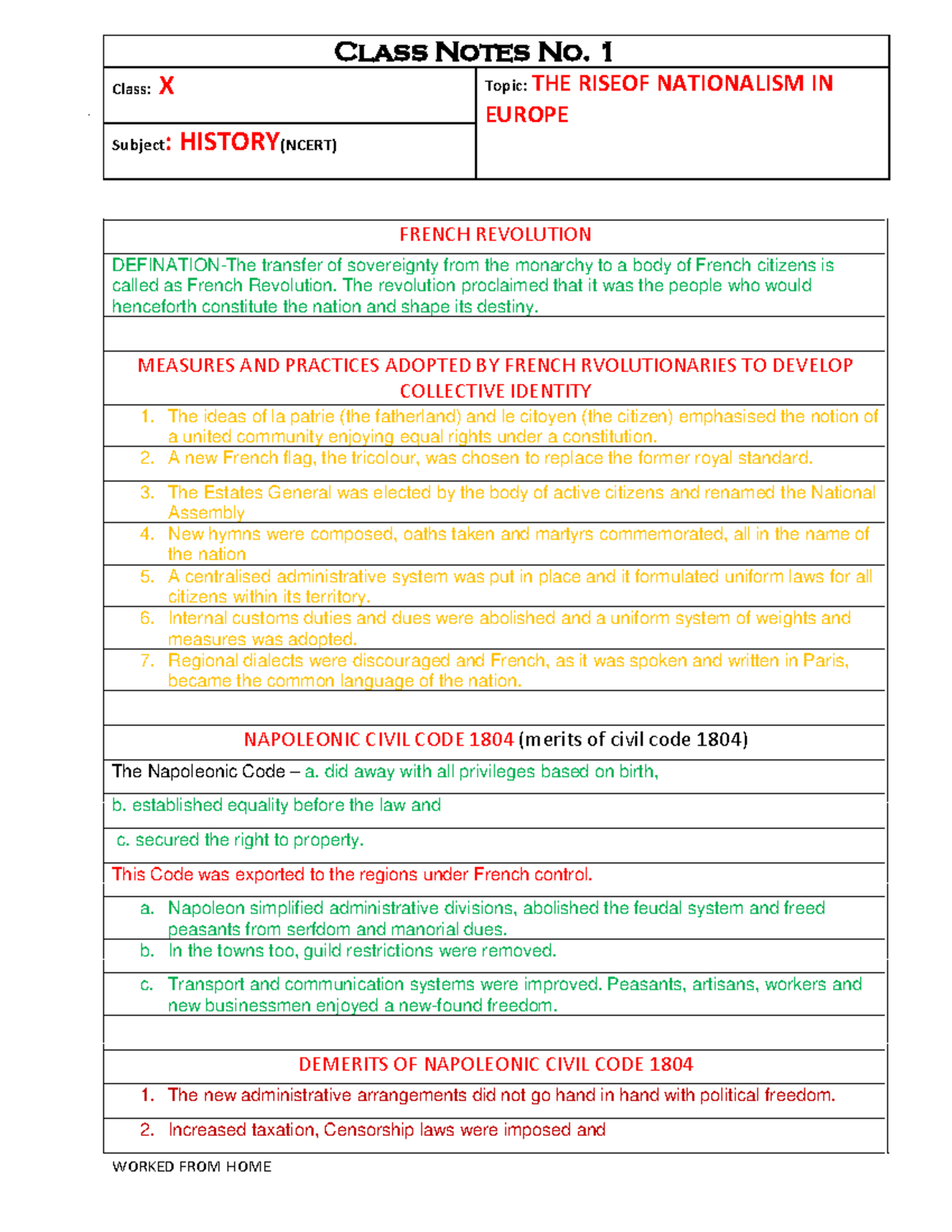 X-HIS - History notes - WORKED FROM HOME Class Notes No. 1 Class: X ...
