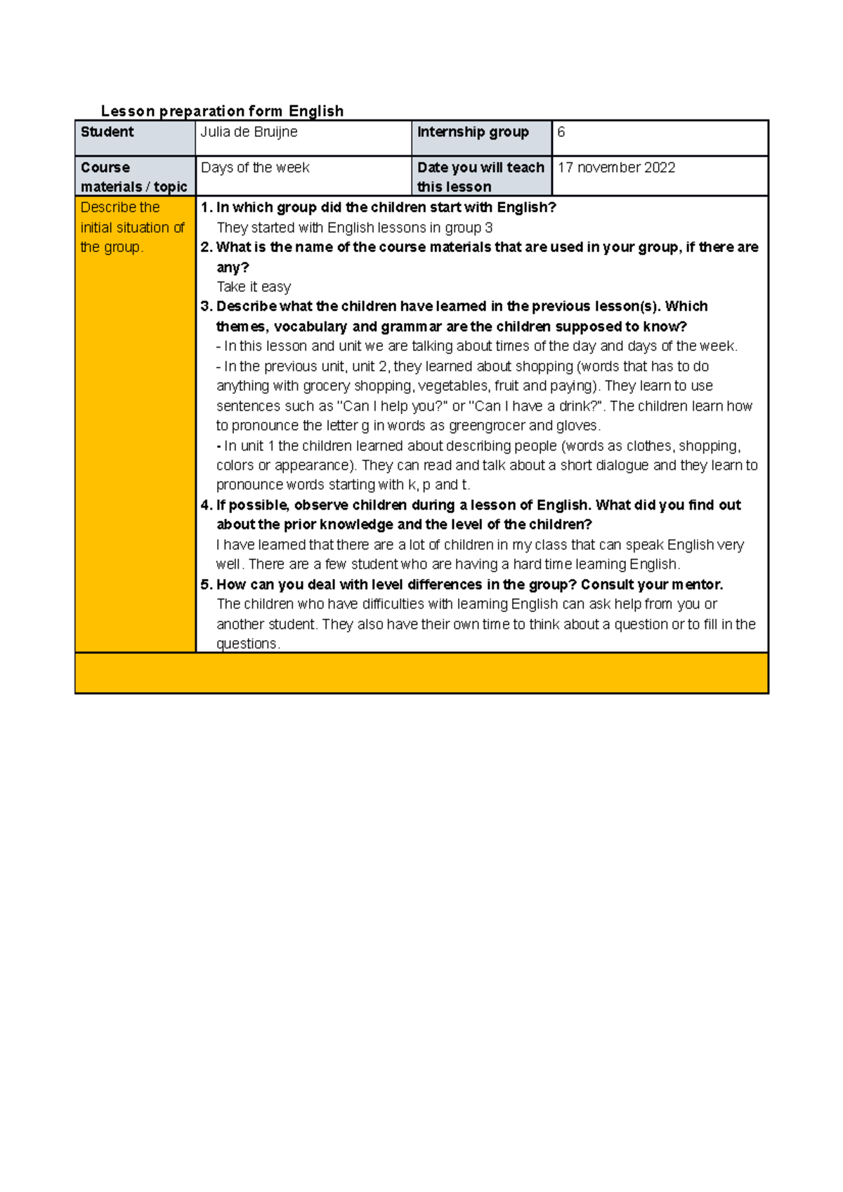 Lesvoorbereiding Engels les - Lesson preparation form English Student ...