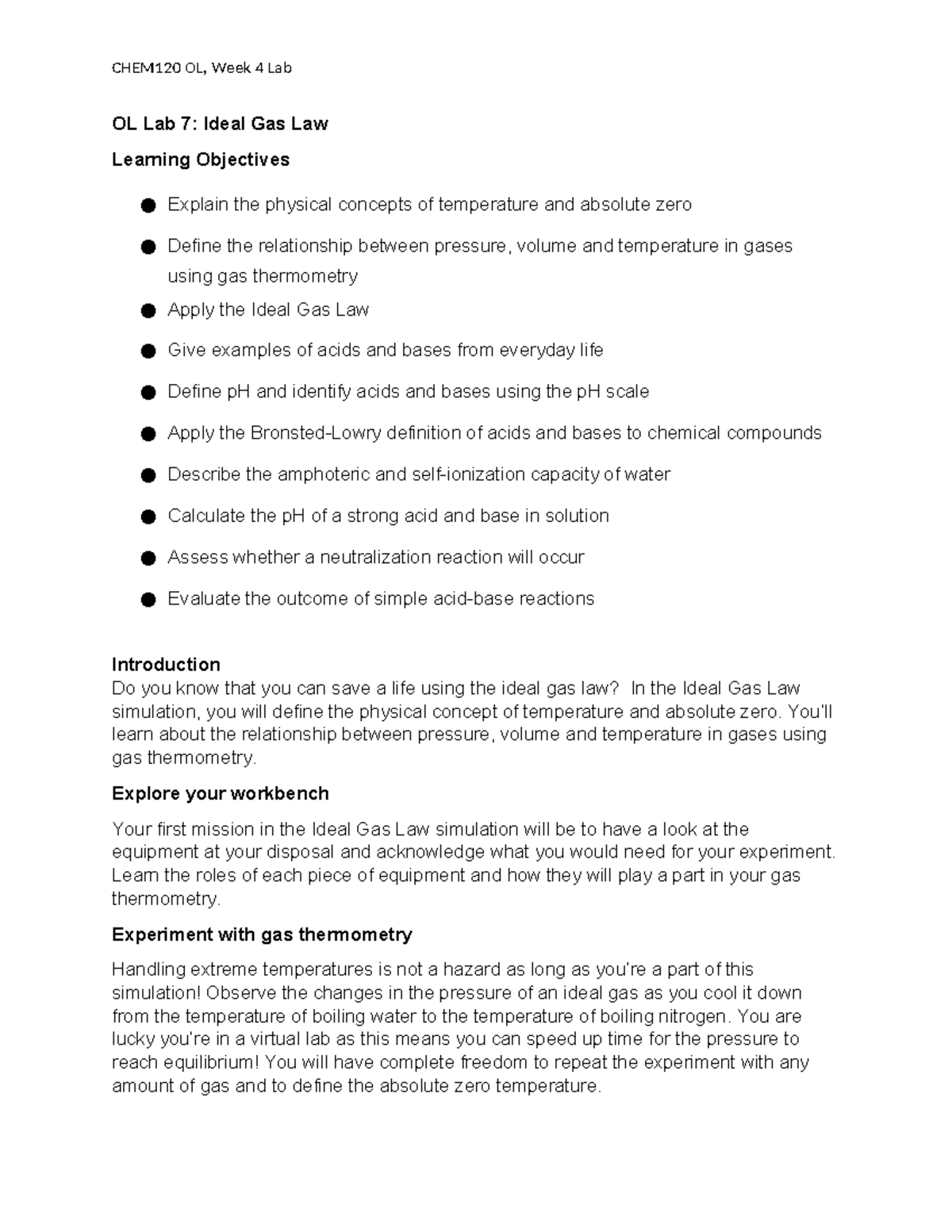Week 4 Lab- Ideal Gas Law and Acids and Bases - OL Lab 7: Ideal Gas Law ...