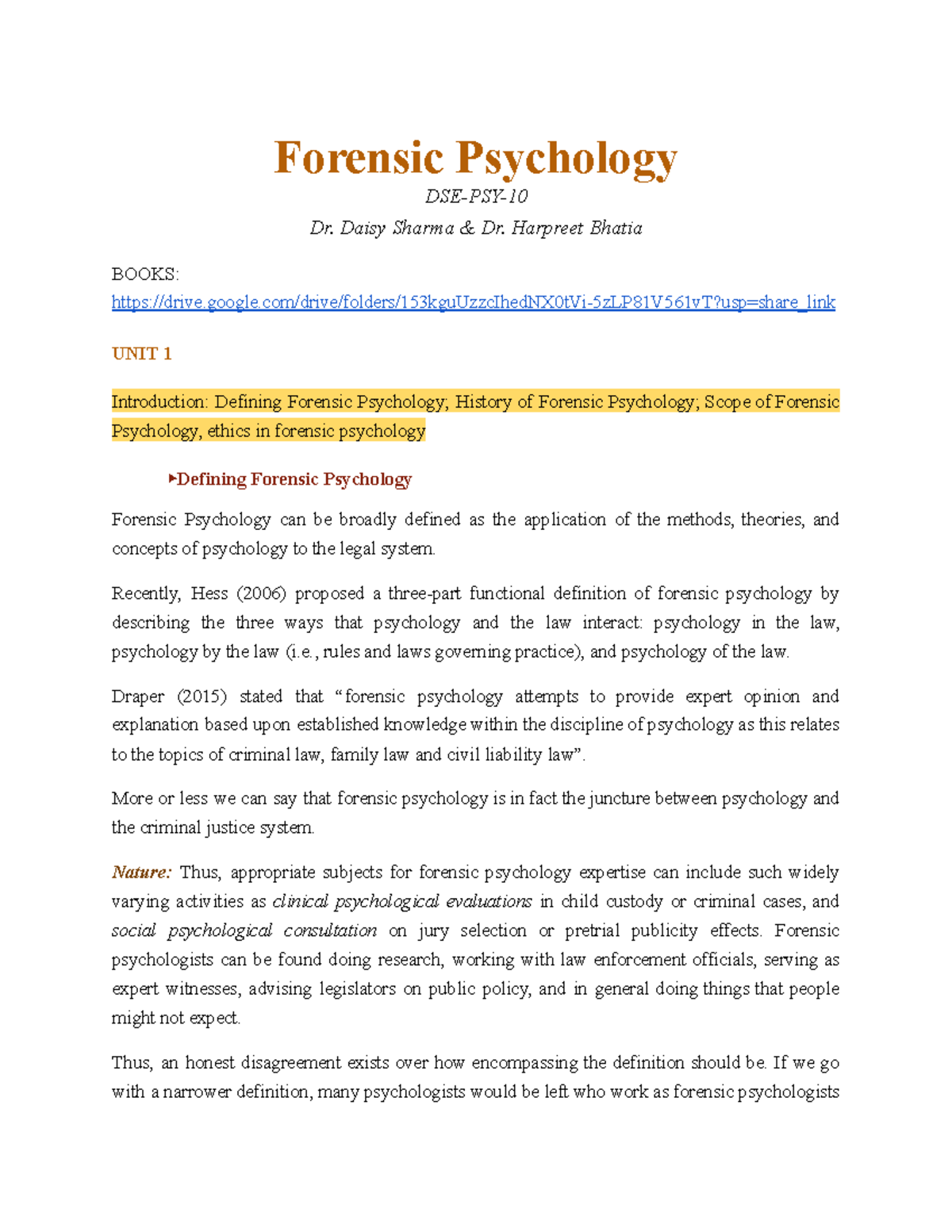 Forensic psychology notes - Forensic Psychology DSE-PSY- Dr. Daisy ...
