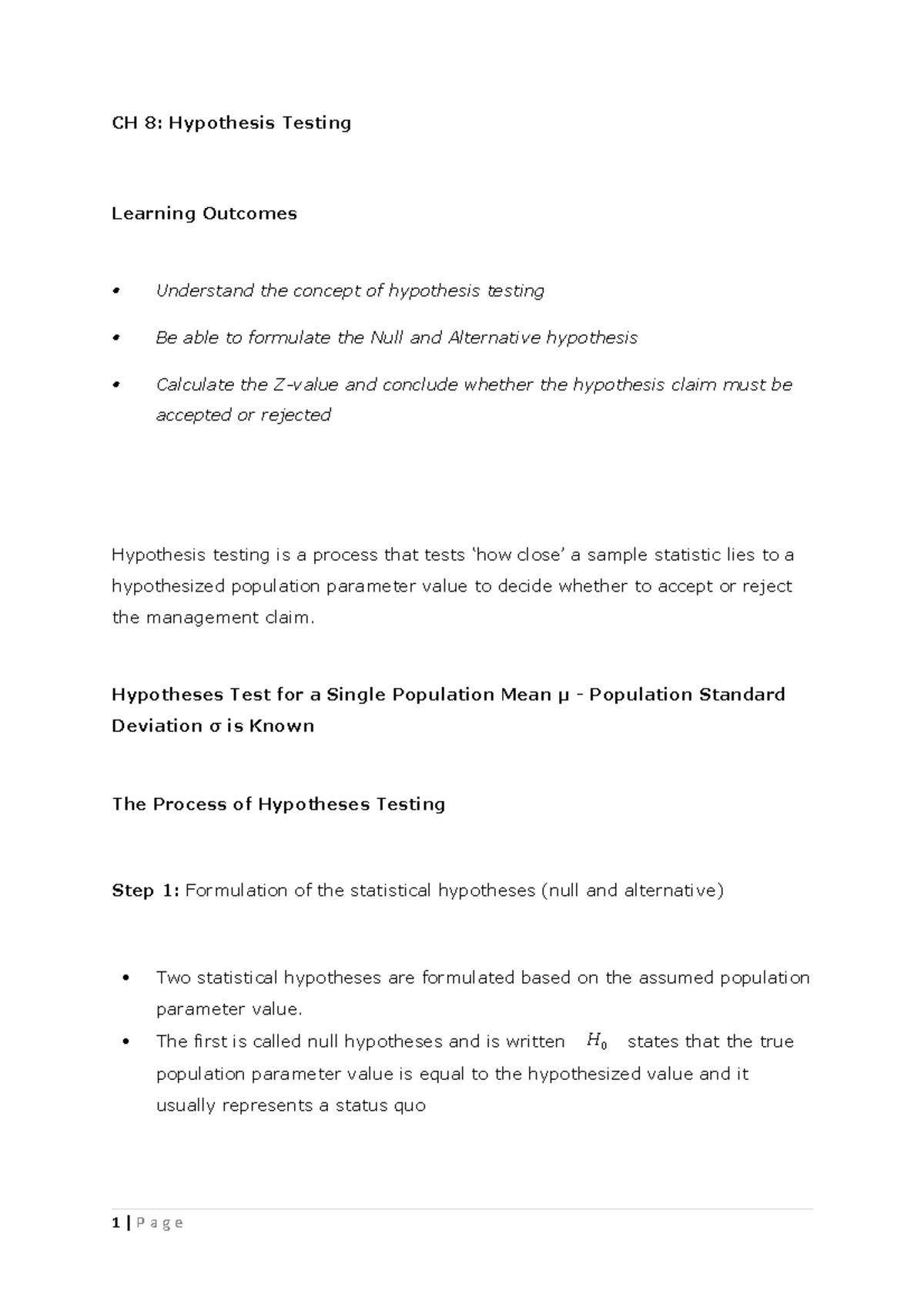 Unit 8 Hypothesis Testing - CH 8: Hypothesis Testing Learning Outcomes ...