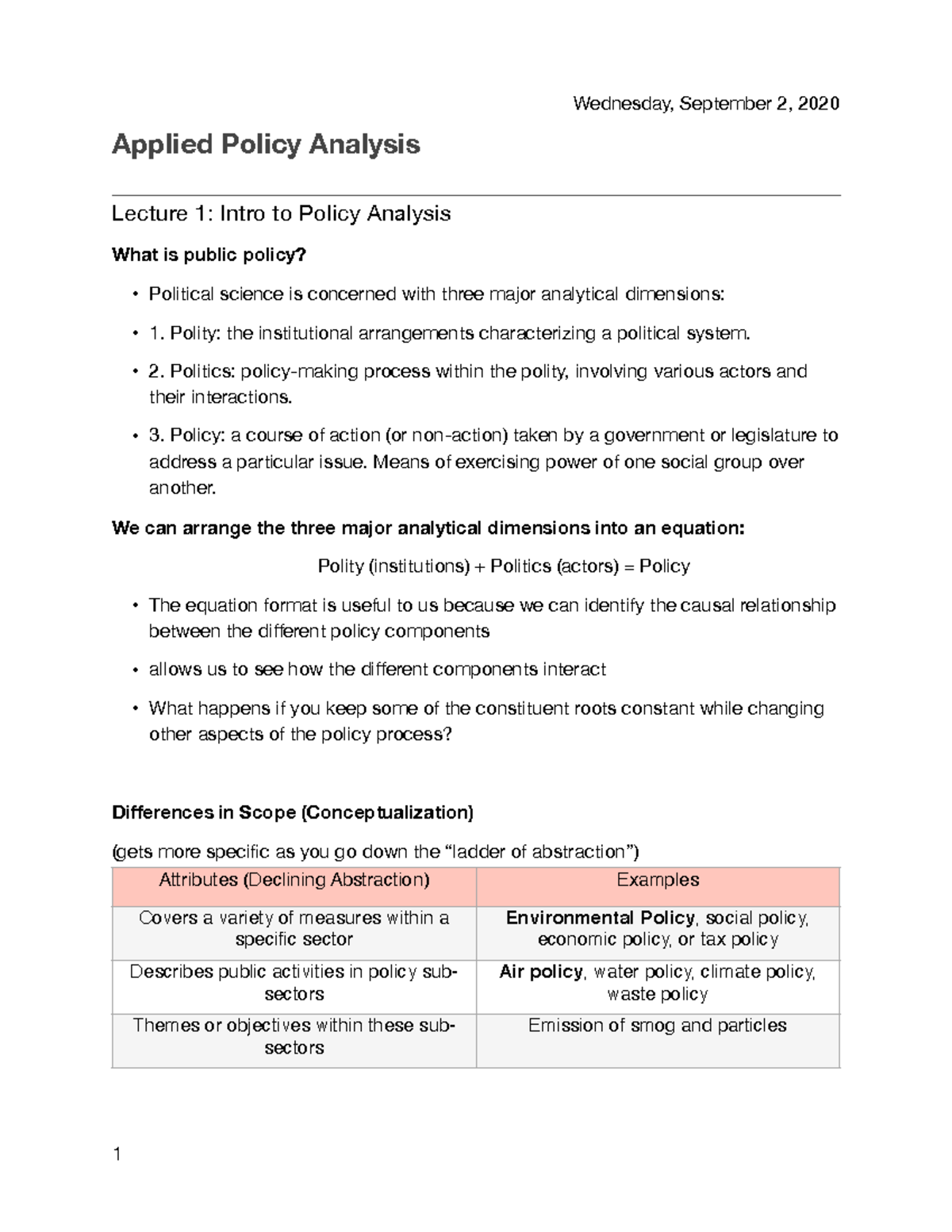 APA notes - Applied Policy Analysis Lecture 1: Intro to Policy Analysis ...