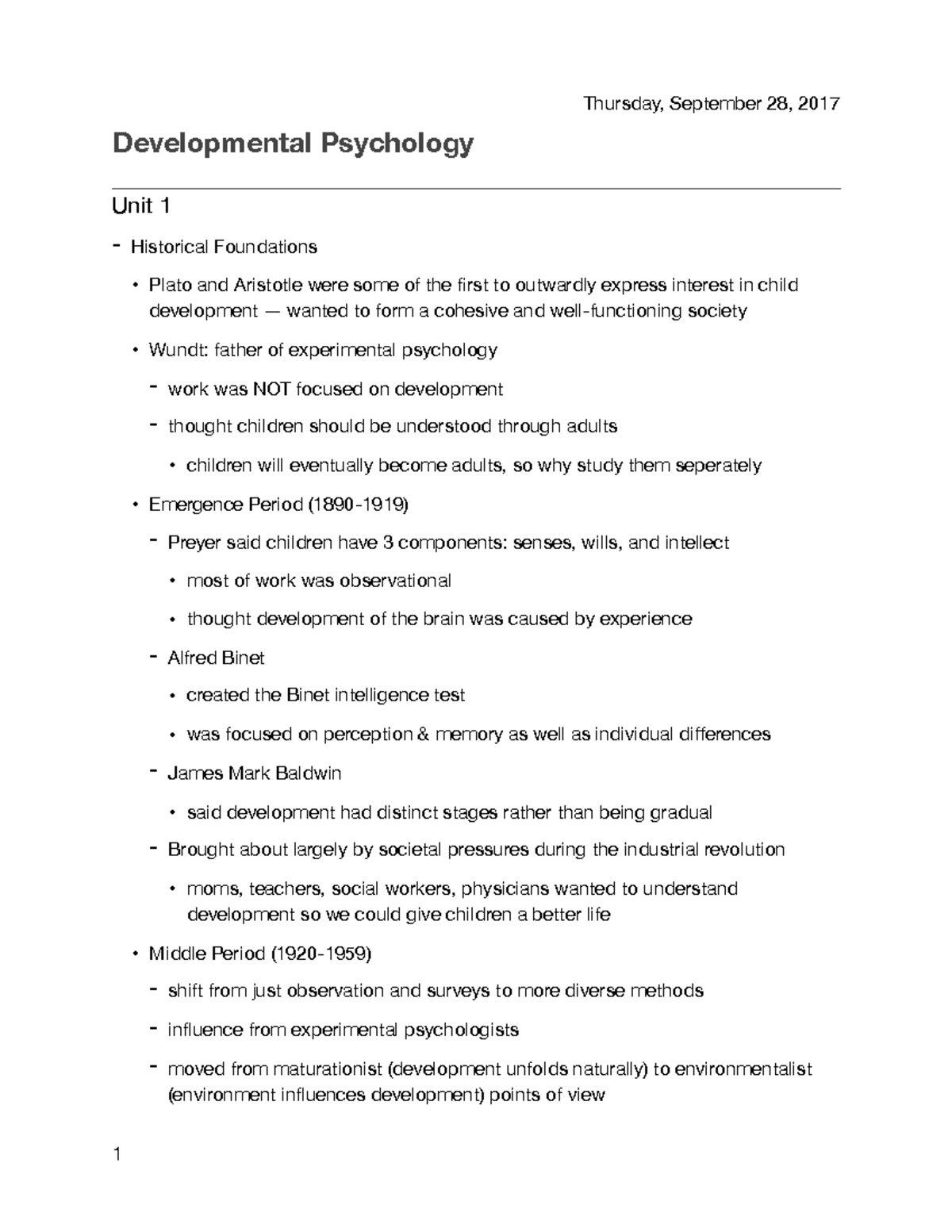 Developmental exam 1 study guide - Thursday, September 28, 2017 ...