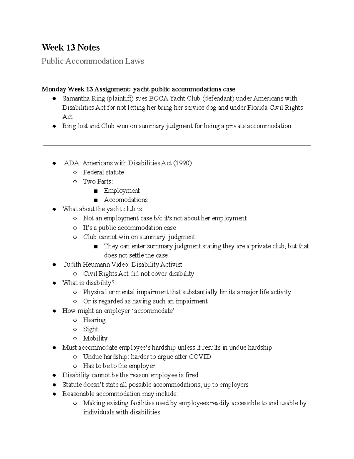 L201 Final Exam Notes - Week 13 Notes Public Accommodation Laws Monday ...
