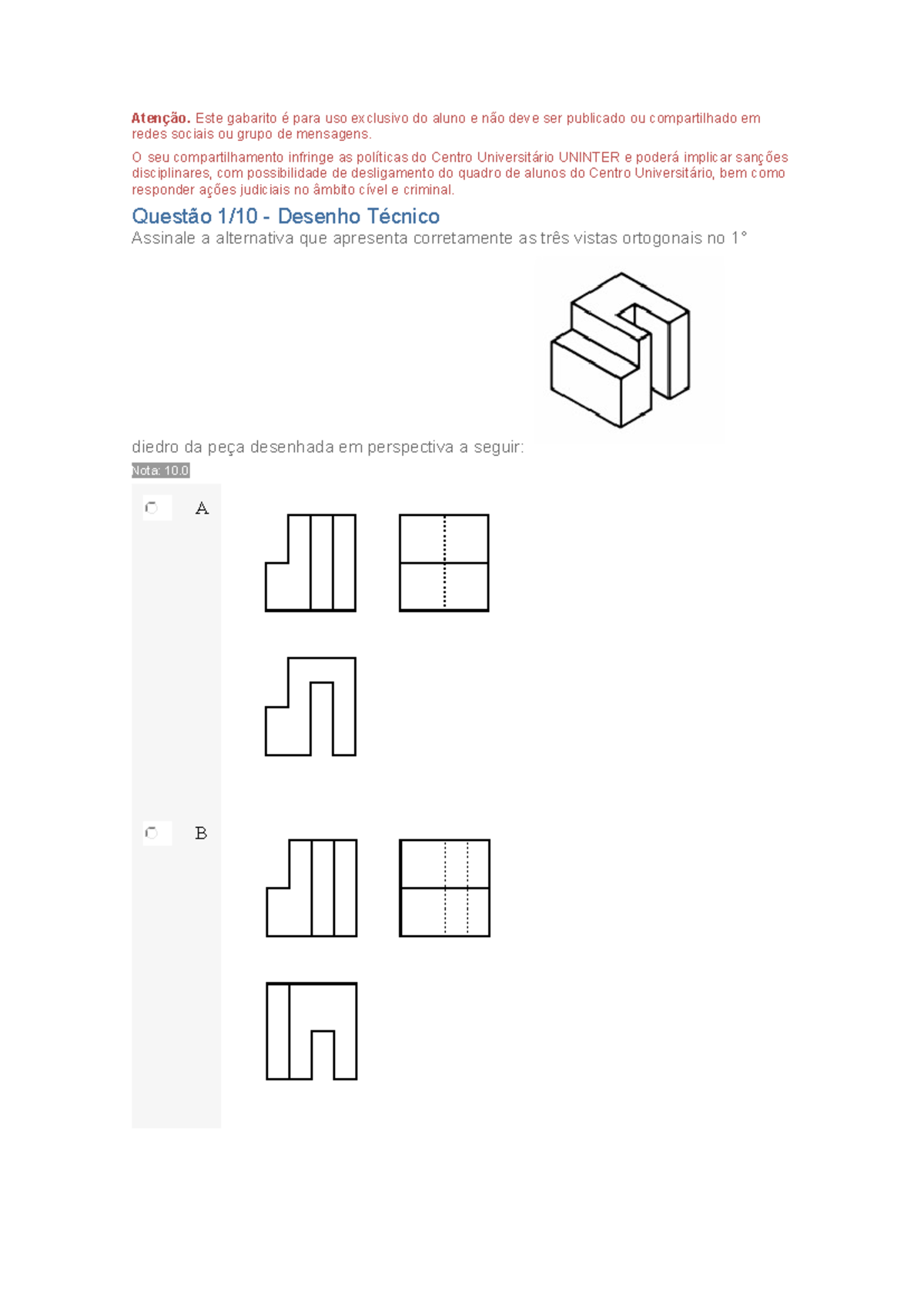 Prova desenho 3 - Atenção. Este gabarito é para uso exclusivo do aluno ...