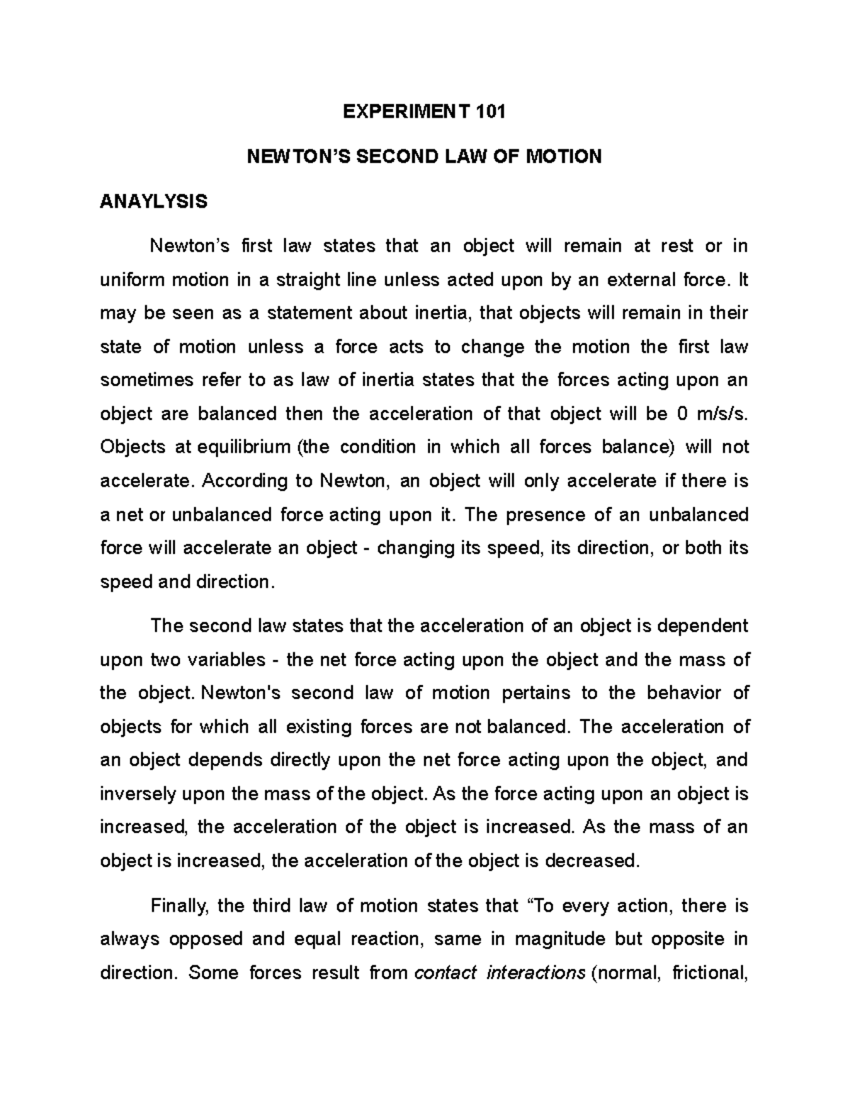 Experiment 101 - EXPERIMENT 101 NEWTON’S SECOND LAW OF MOTION ANAYLYSIS ...