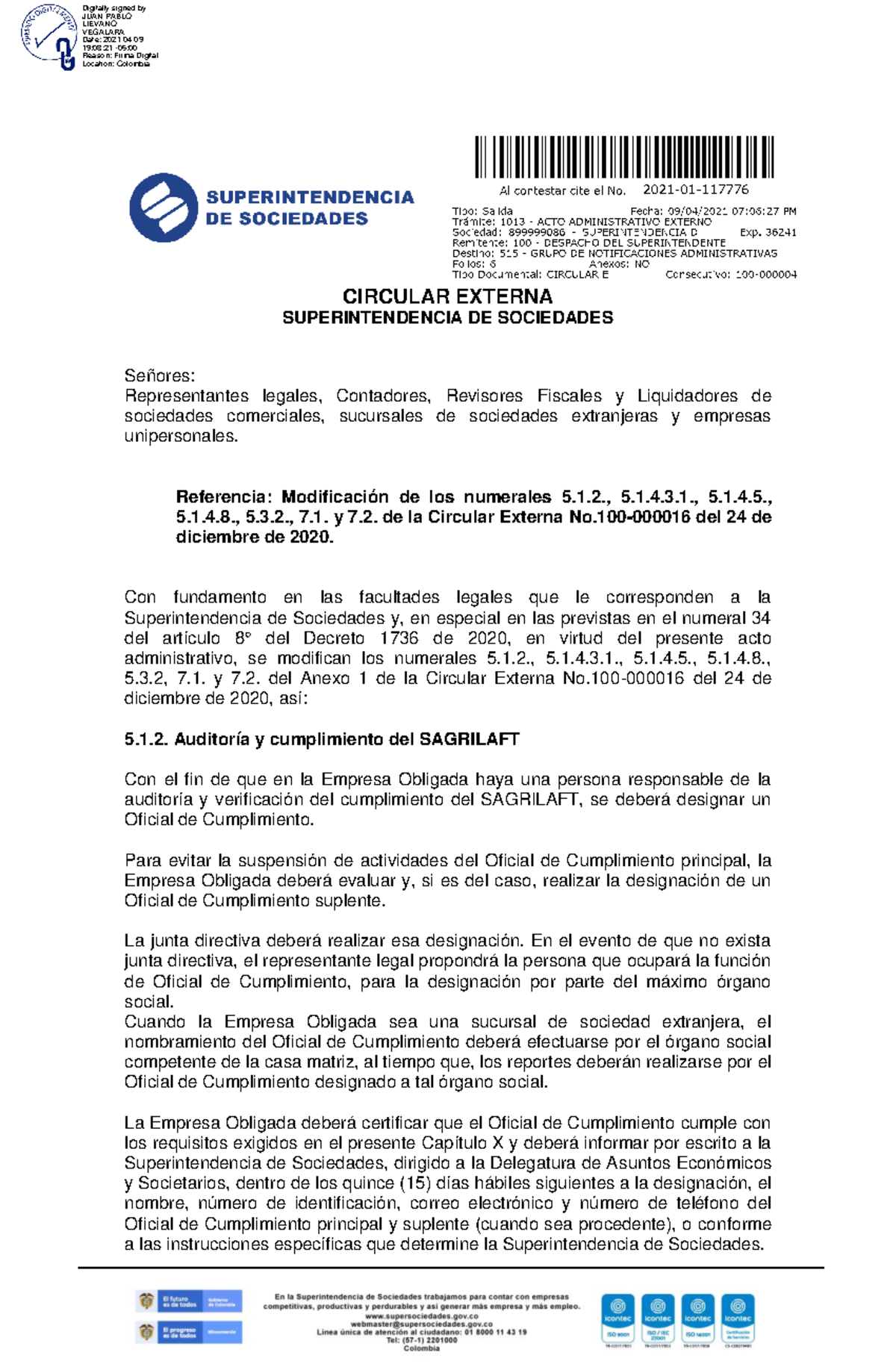 2021 Circular Externa 100-000004 - CIRCULAR EXTERNA SUPERINTENDENCIA DE SOCIEDADES Señores ...