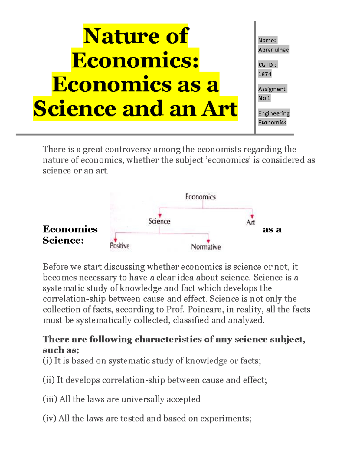 ENGG Economics Assign - Nature of Economics: Economics as a Science and ...
