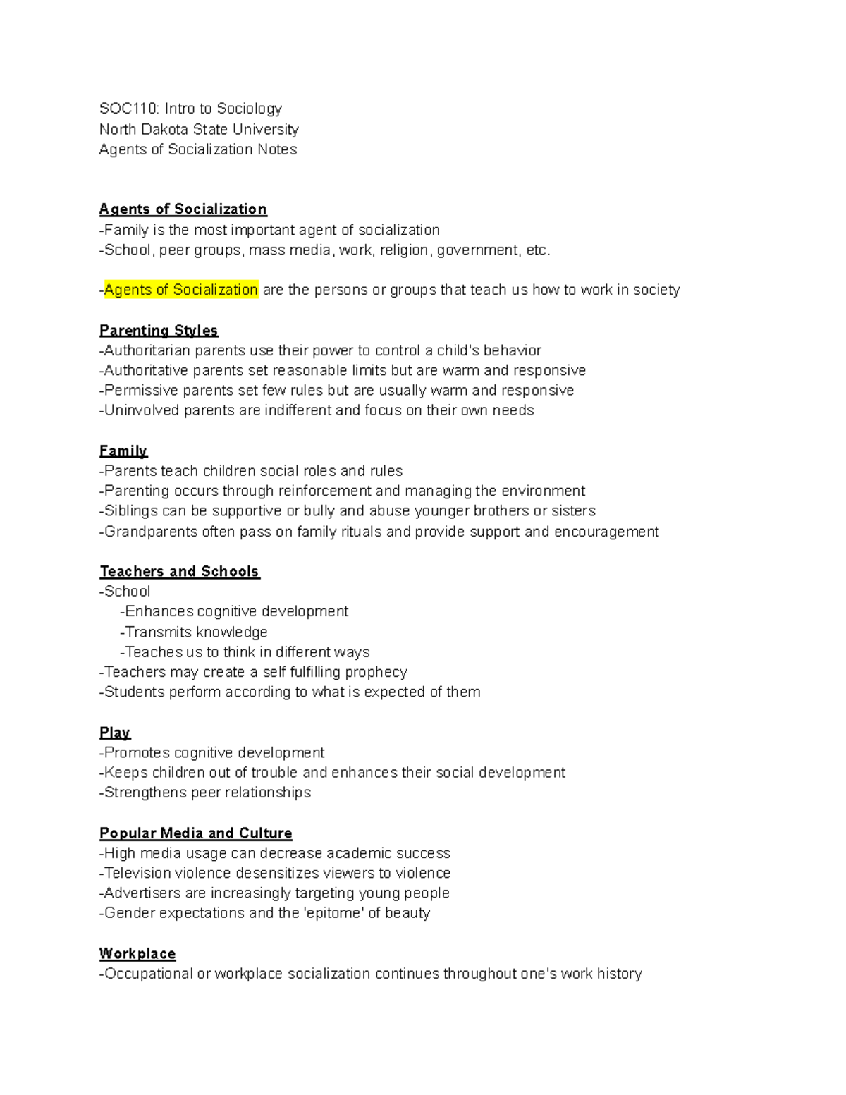 Agents of Socialization - SOC110: Intro to Sociology North Dakota State ...
