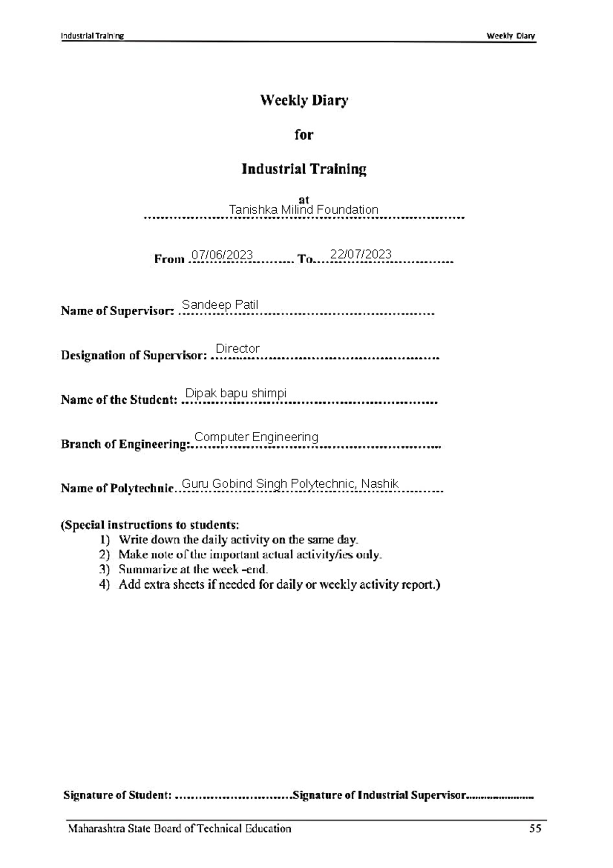 Daily Dairy format - Research - Tanishka Milind Foundation 07/06/2023 ...