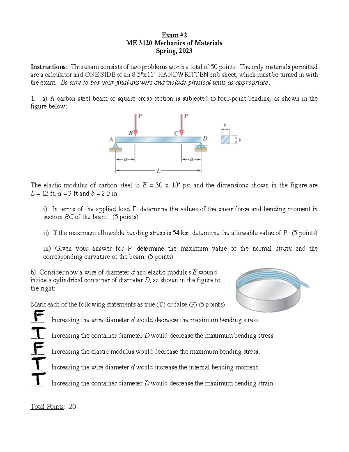 ME 3120 Exam 2 Spring 2023 Soln - Exam # ME 3120 Mechanics of Materials Spring, 2023 ...
