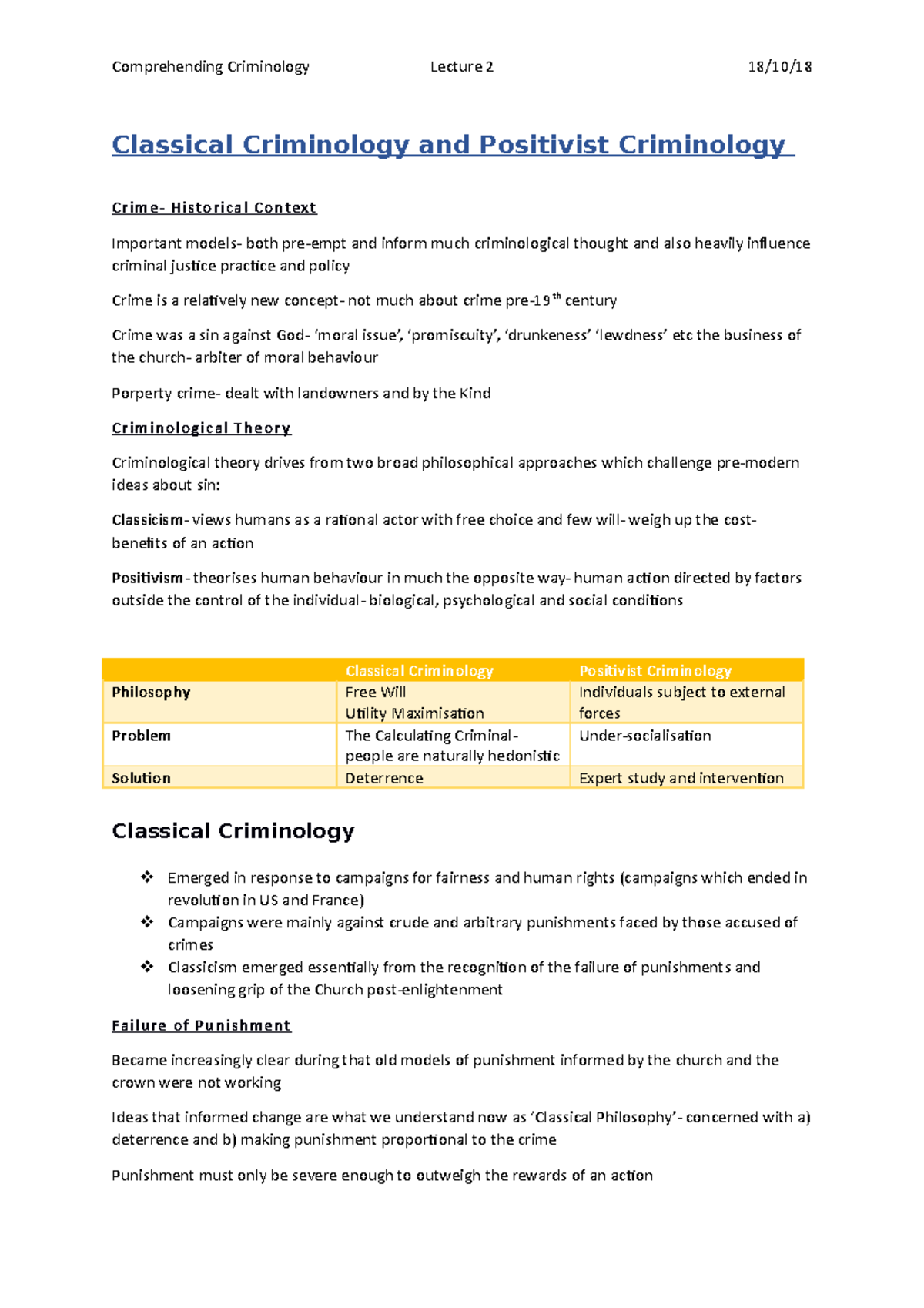 Classical and Positivist Criminology L2 - Classical Criminology and ...