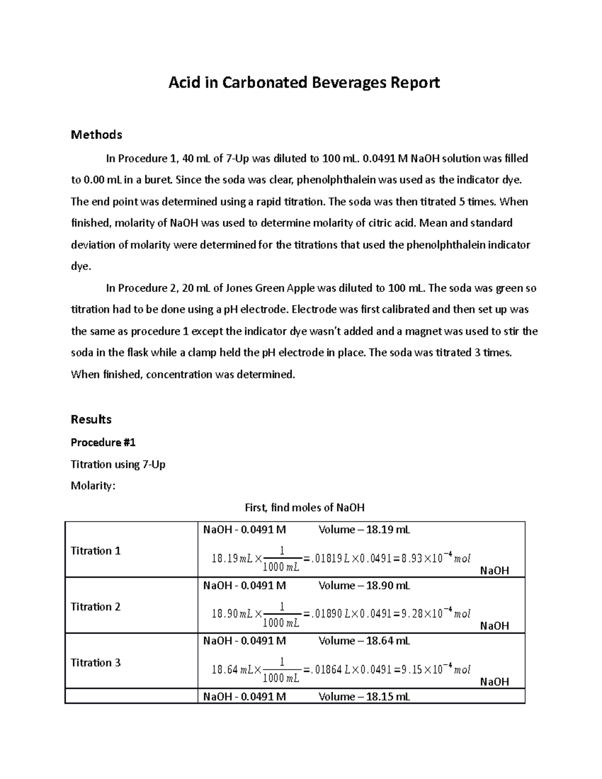Experiment 5 - Acid in Carbonated Beverages Report - Acid in Carbonated ...