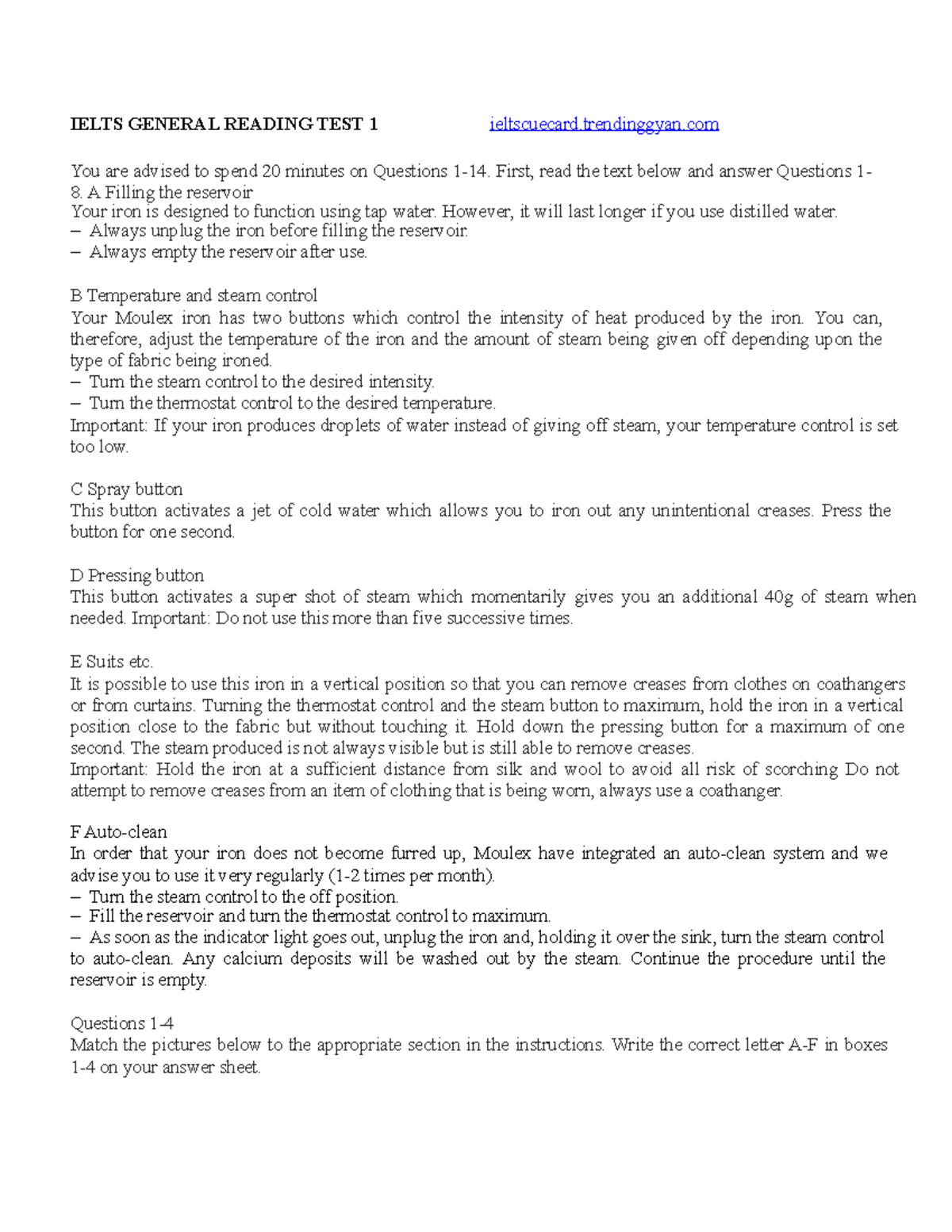 Ielts General Reading TEST 1 Ieltscuecard IELTS GENERAL READING TEST