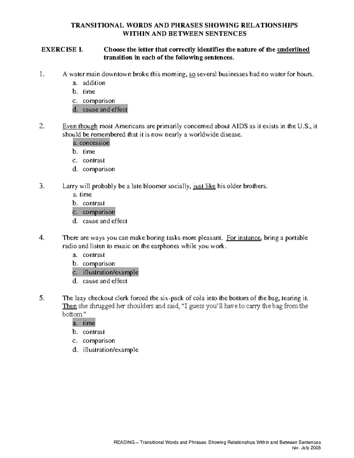 Exercise ELC121 - READING – Transitional Words and Phrases: Showing ...