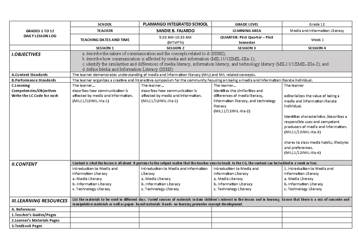 Dll-mil-grade-12 compress - GRADES 1 TO 12 DAILY LESSON LOG SCHOOL ...