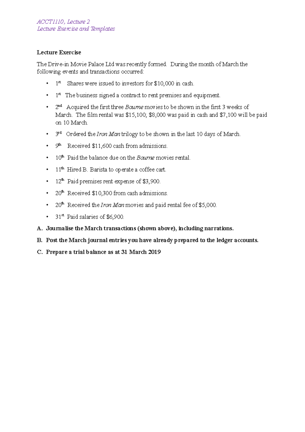 ACCT1110 Lecture 2 Work - Lecture Exercise and Templates Lecture ...