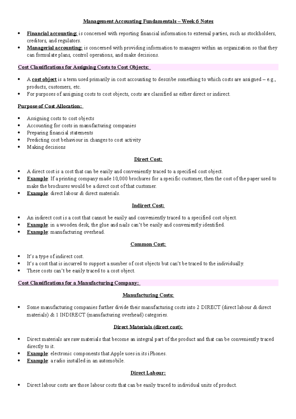 Week 1 - Notes - Management Accounting Fundamentals – Week 6 Notes ...