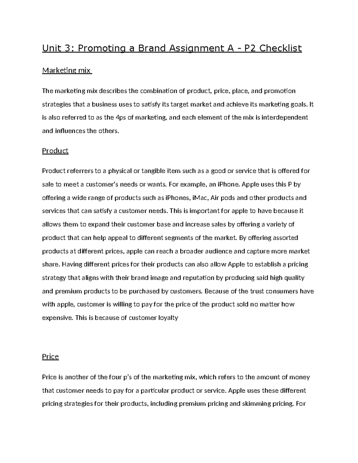 P2 work - work including - Unit 3: Promoting a Brand Assignment A - P2 ...