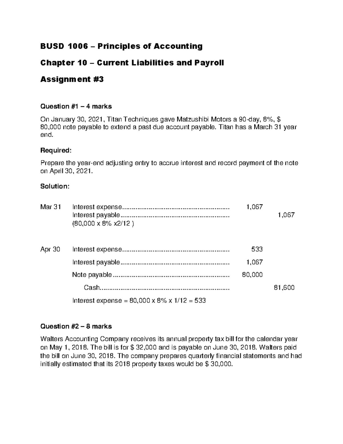 BUSD 1006 - Assignment #3 - Chapter 10 - Questions and Solutions - BUSD ...