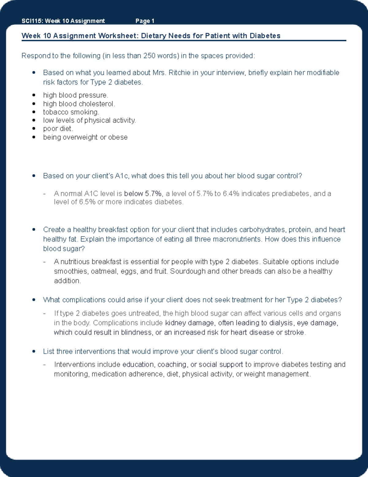 SCI115H Wk10 Assignment Worksheet - SCI115: Week 10 Assignment Page 1 ...