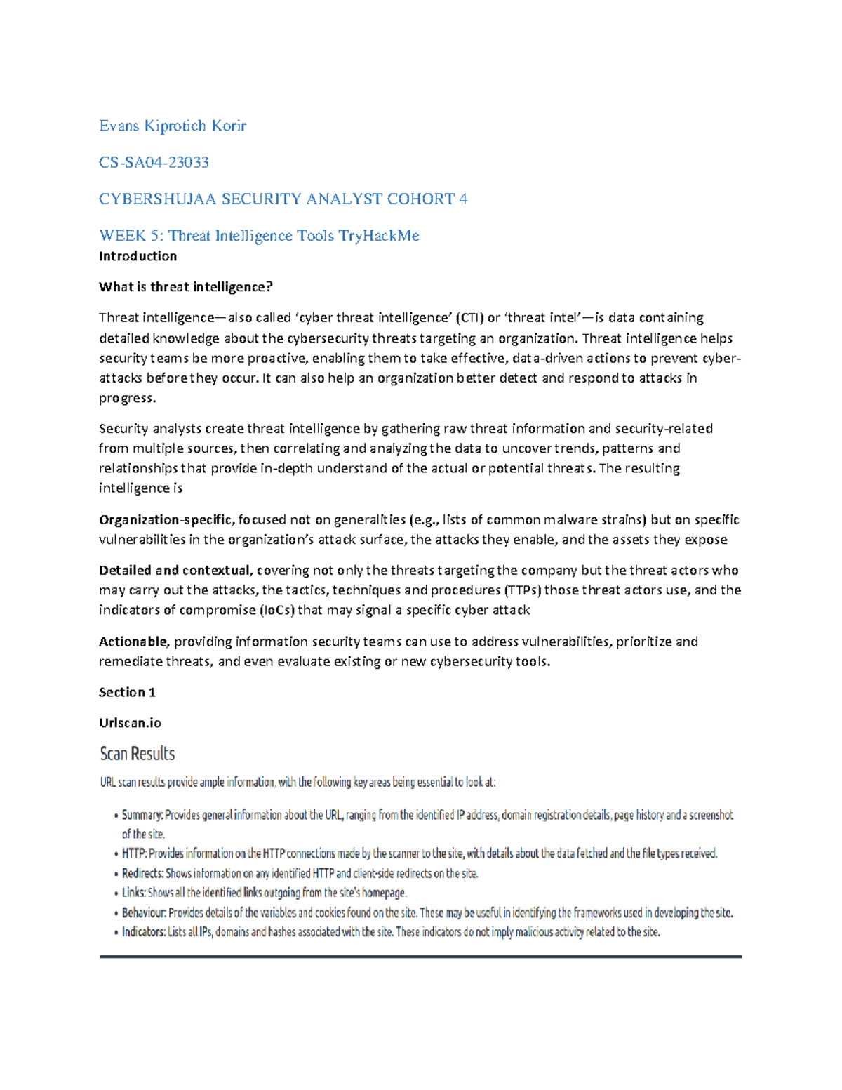 Evans Korir Threat Intelligence Tools CS-SA04-23033 - Evans Kiprotich Korir CS-SA04- 23033 - Studocu