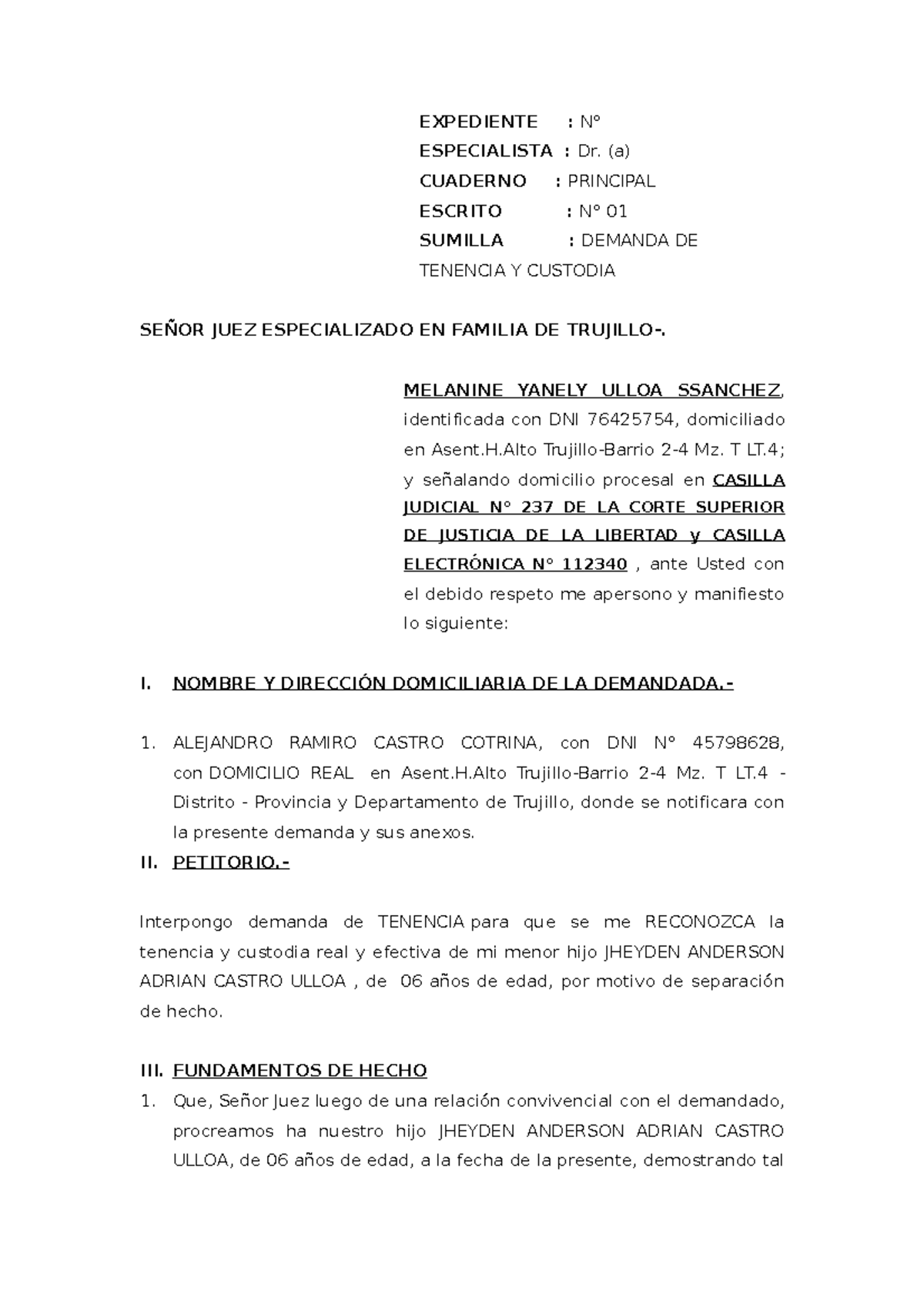 Demanda DE Tenencia - Melanine Yanely Ulloa Sanchez - EXPEDIENTE : N ...