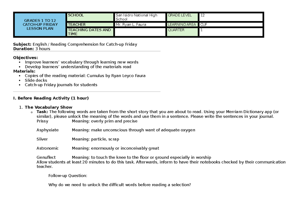 CUF Lesson PLAN 1 - Reading materials - GRADES 1 TO 12 CATCH-UP FRIDAY ...
