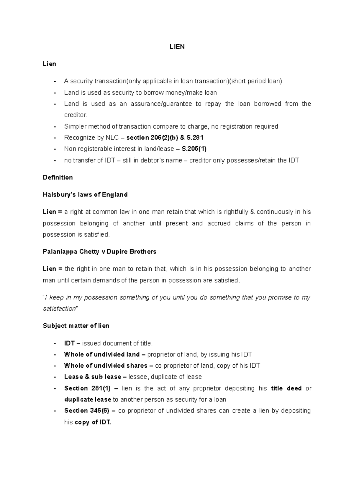 2 LIEN - Lecture notes 2 - LIEN Lien - A security transaction(only ...