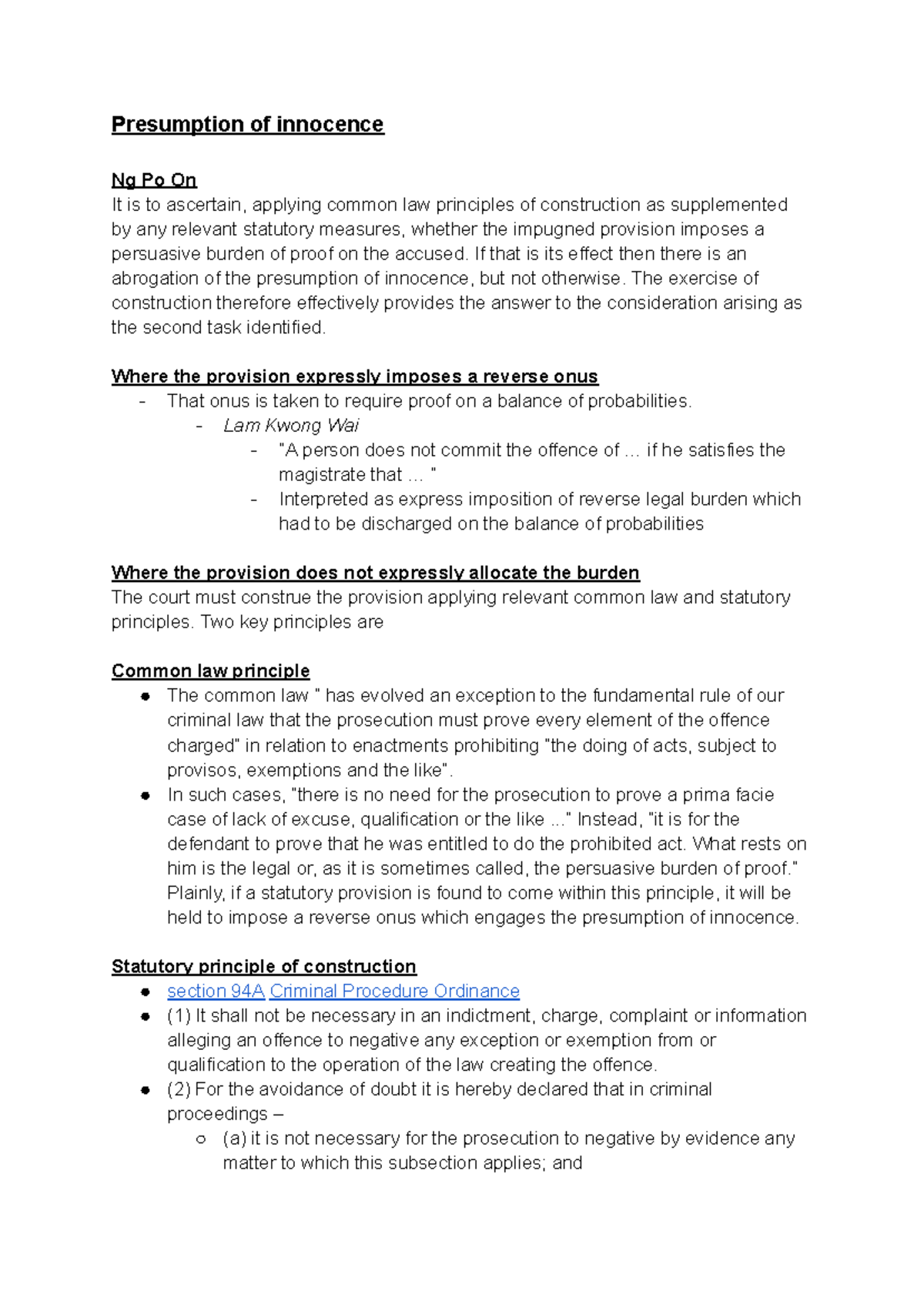 Presumption of Innocence Notes - Presumption of innocence Ng Po On It ...