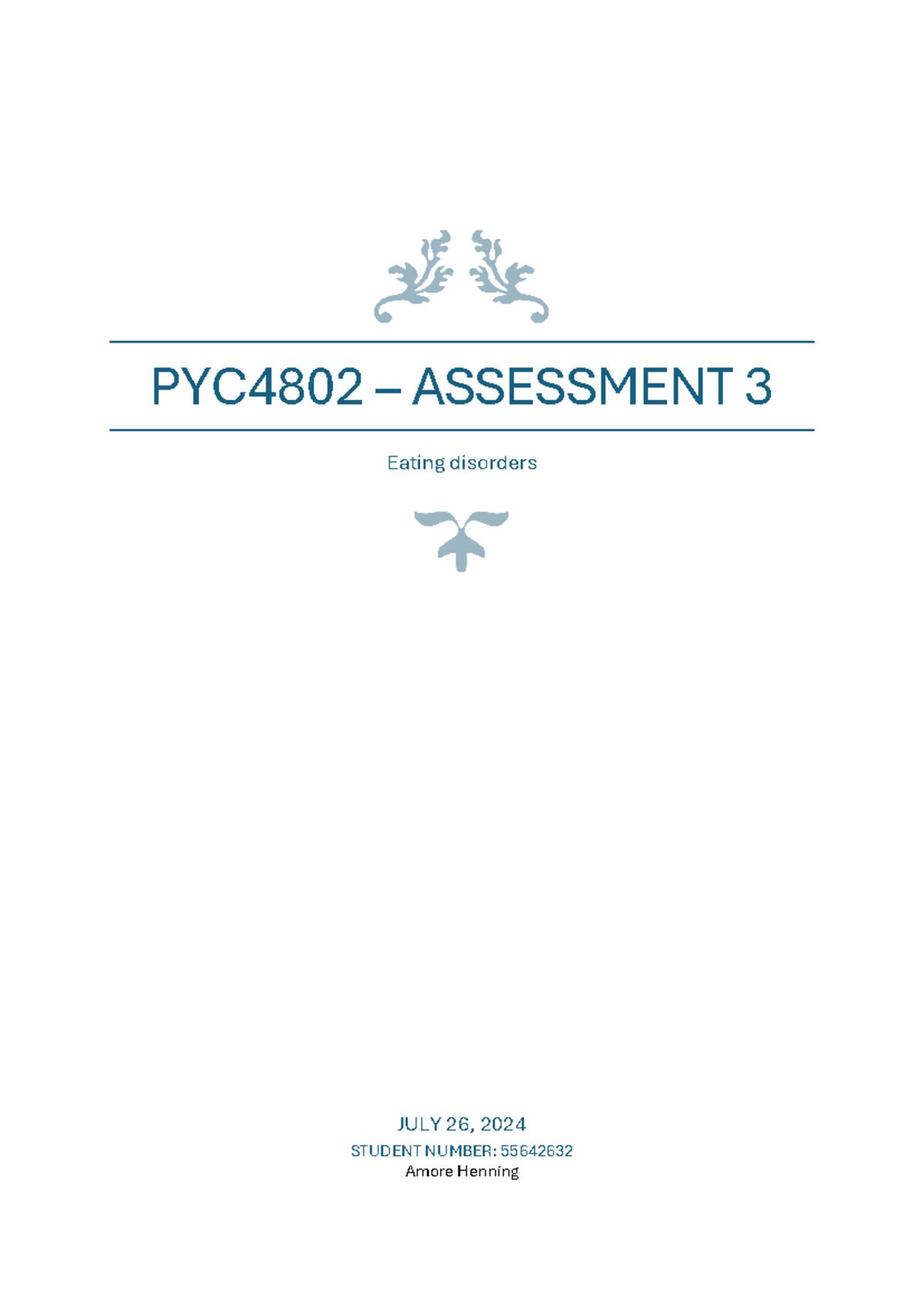 PYC4802 Assessment 3 - Eating disorders essay - PYC4802 – ASSESSMENT 3 ...