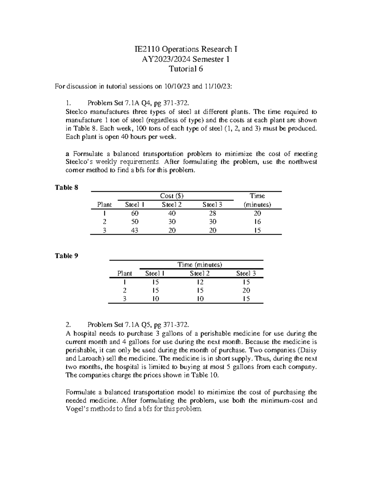 NUS IE2110 Homework 6 - IE2110 Operations Research I AY202 3 /202 4 Semester 1 Tutorial 6 For ...