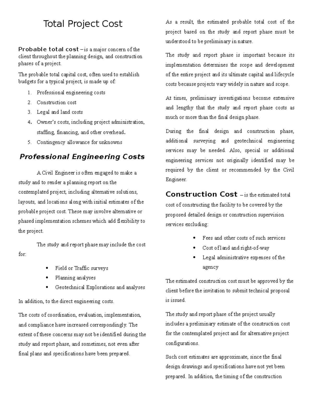 Total Project Cost - CE Laws - Total Project Cost Probable total cost ...