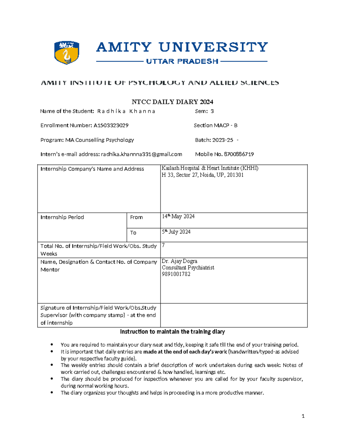 P.G.-Summer Internship-Daily NTCC Diary - NTCC DAILY DIARY 2024 Name of the Student: R a d h i k ...