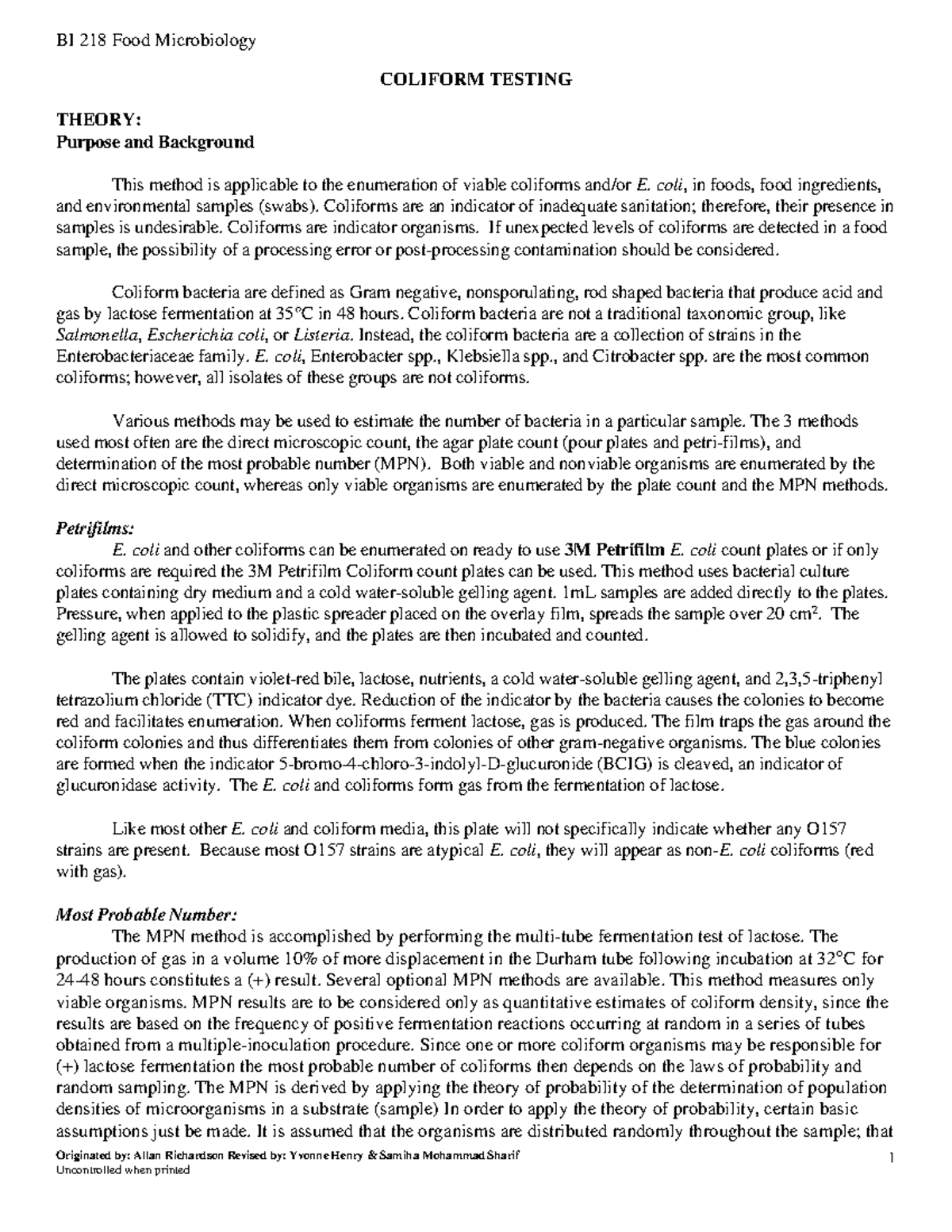 Coliform Testing - Assignment. - BI 218 Food Microbiology COLIFORM ...