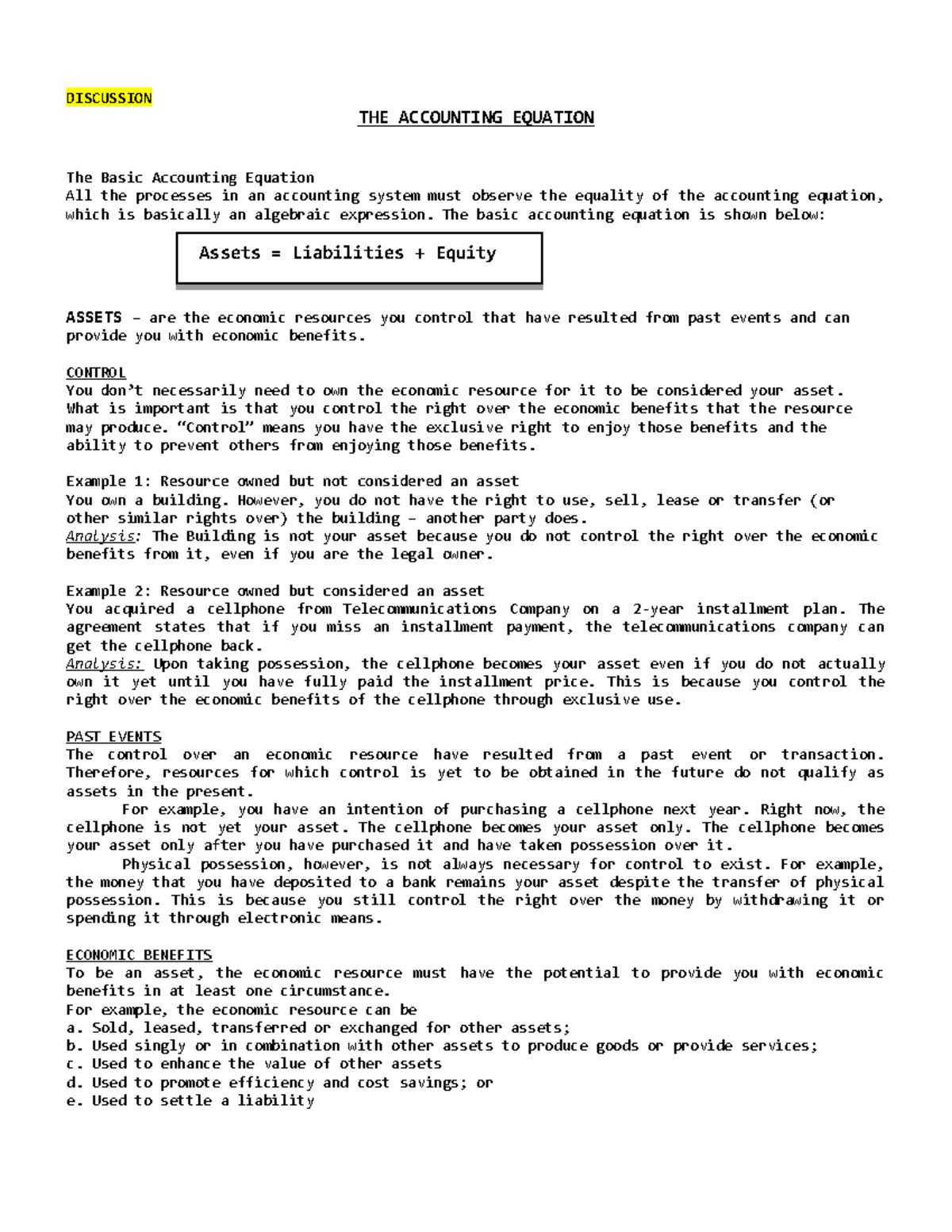 THE- Acctg- Equation - DISCUSSION THE ACCOUNTING EQUATION The Basic ...