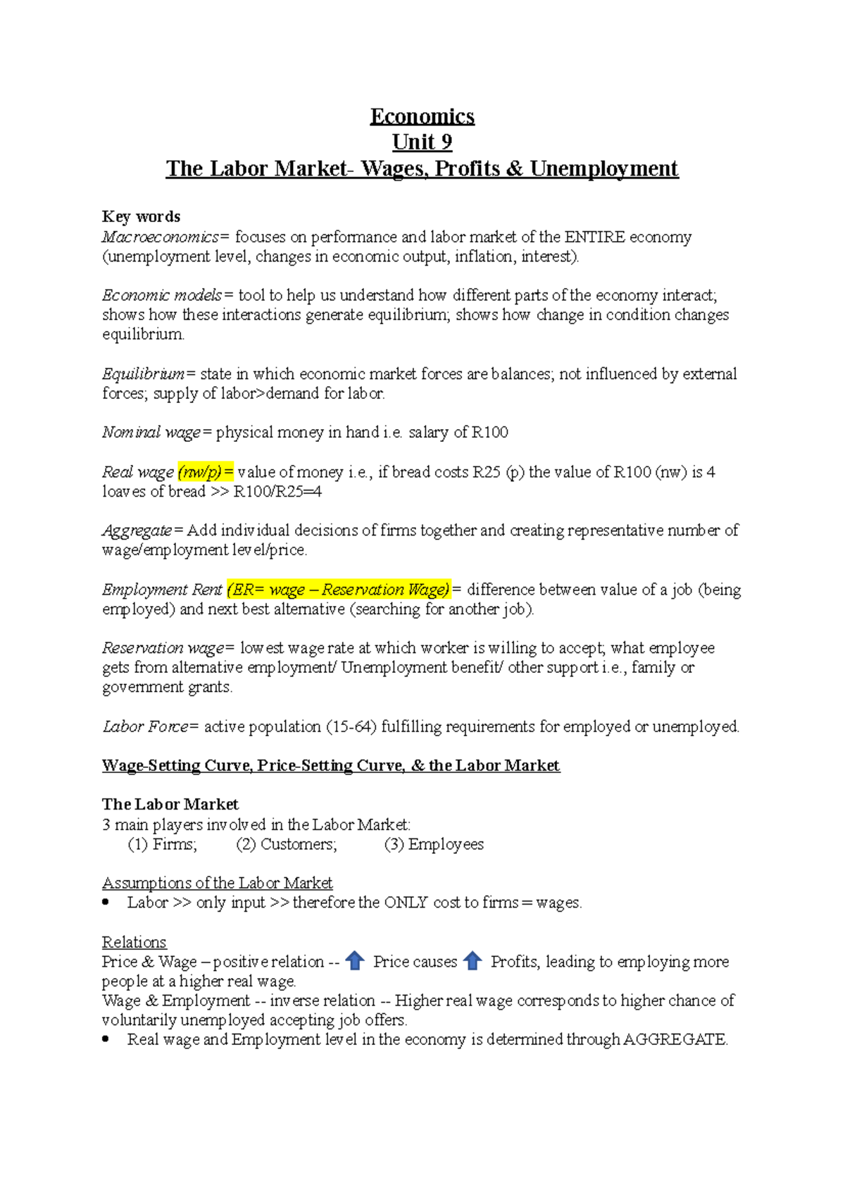 Unit 9 - econ notes - Economics Unit 9 The Labor Market- Wages, Profits ...