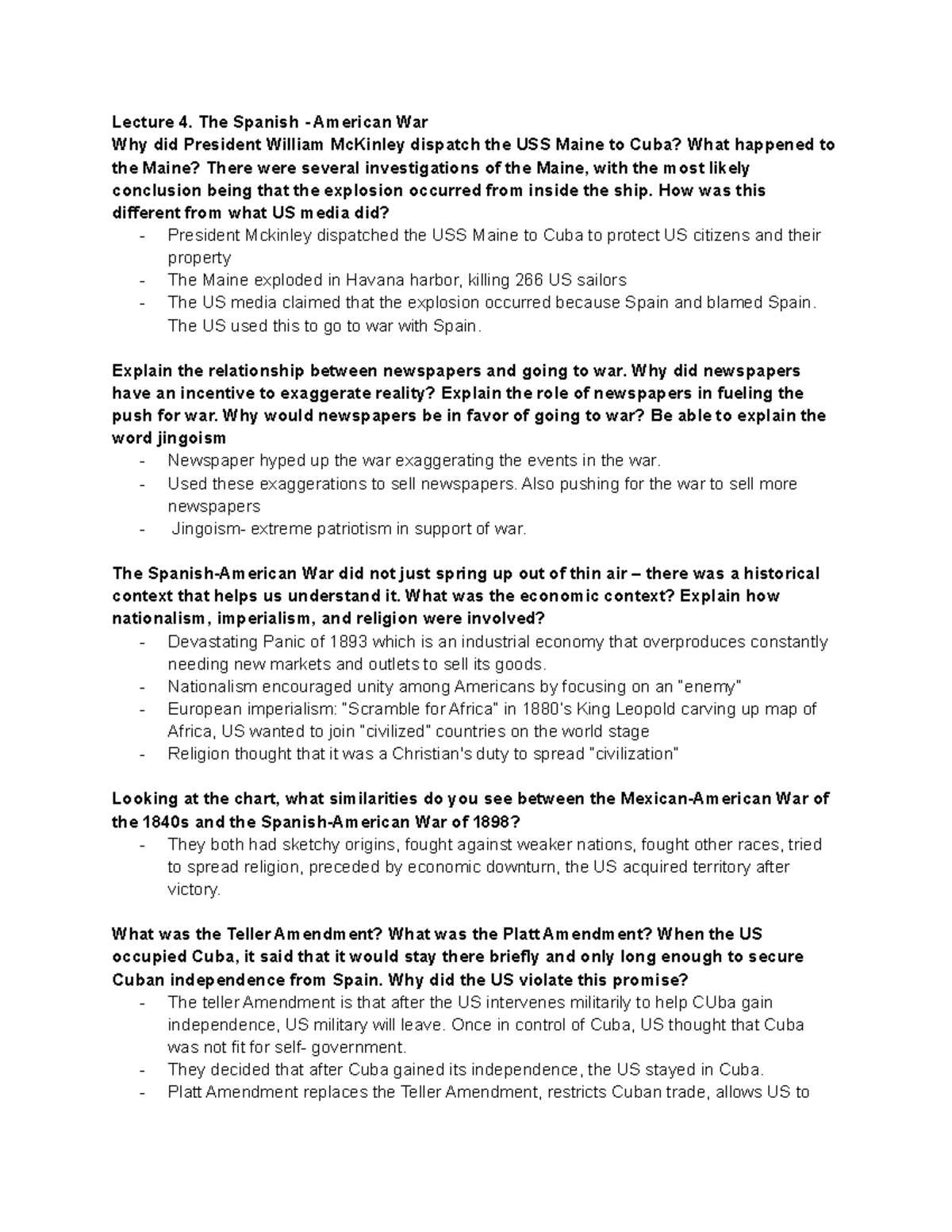 Lecture 4 HST - Notes - Lecture 4. The Spanish - American War Why did ...