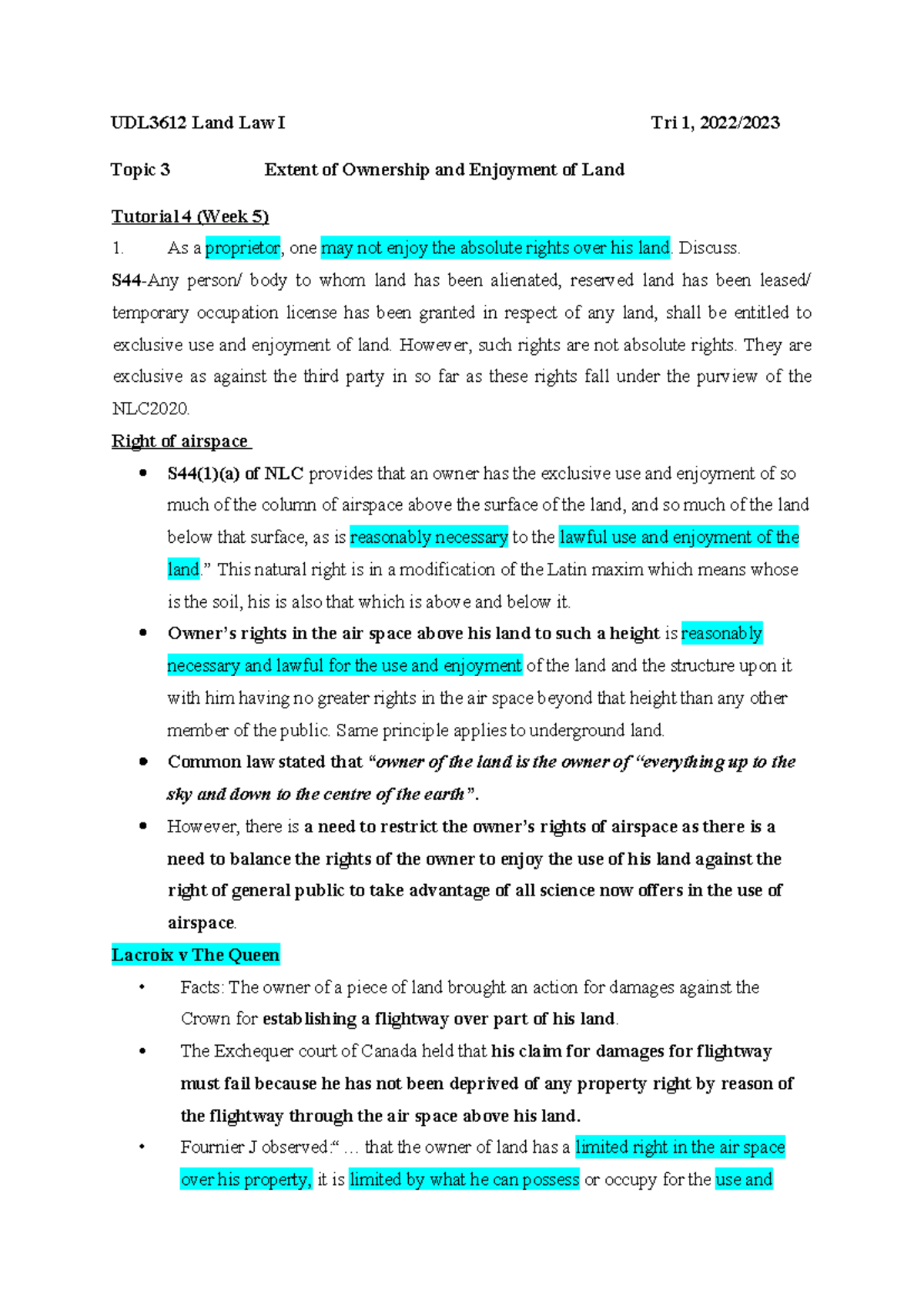 Tutorial 4 Topic 3 - UDL3612 Land Law I Tri 1, 2022/ Topic 3 Extent of Ownership and Enjoyment ...