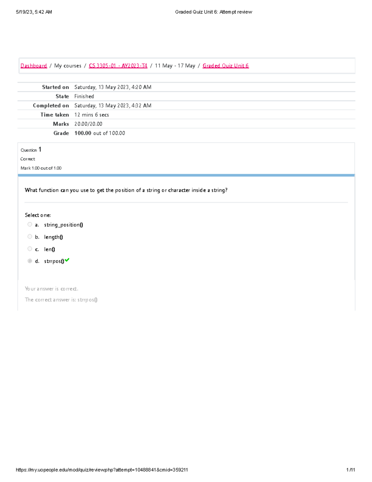 Graded Quiz Unit 6 100% - Web Programming 1 (proctored course) (CS 2205) - Started on Saturday ...