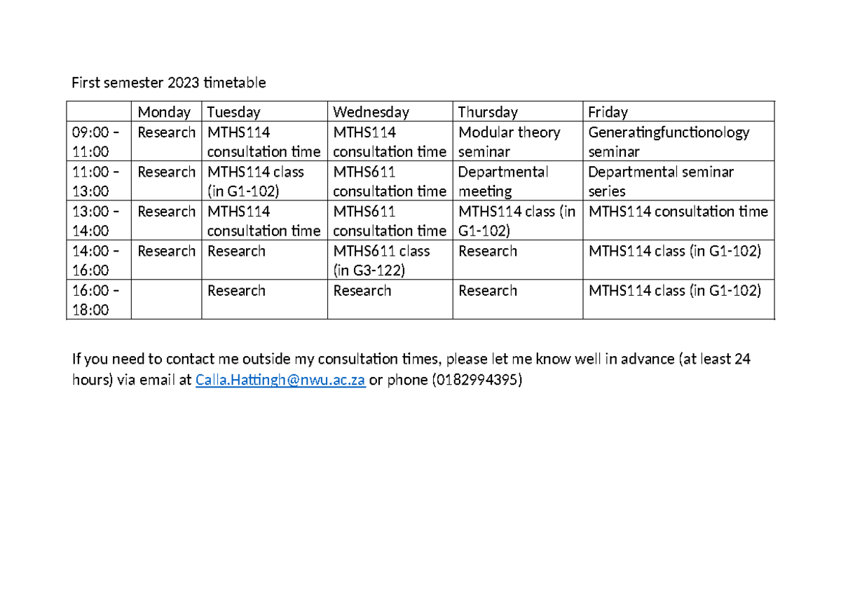 Timetable - update - First semester 2023 timetable Monday Tuesday ...