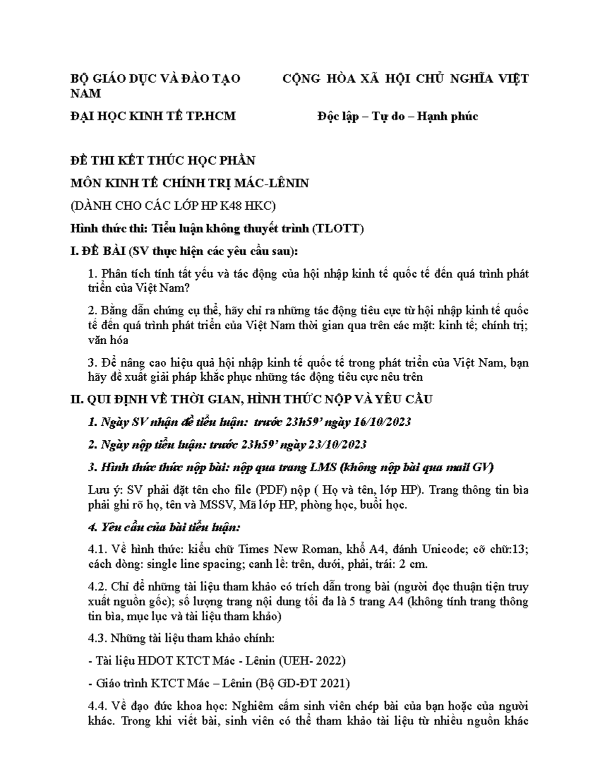 ĐỀ TIỂU LUẬN KTHP KTCT K48 HKC - BỘ GIÁO DỤC VÀ ĐÀO TẠO CỘNG HÒA XÃ HỘI CHỦ NGHĨA VIỆT NAM ĐẠI ...