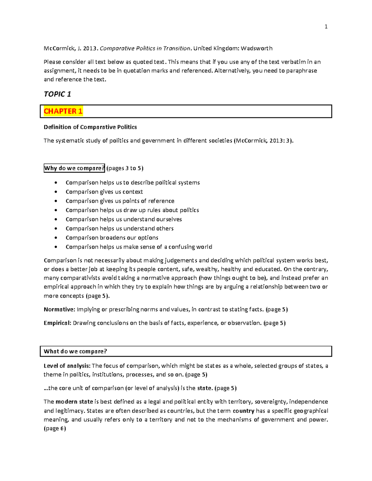 Mc Cormick Lecturer Notes Topic 1-2 - McCormick, J. 2013. Comparative ...