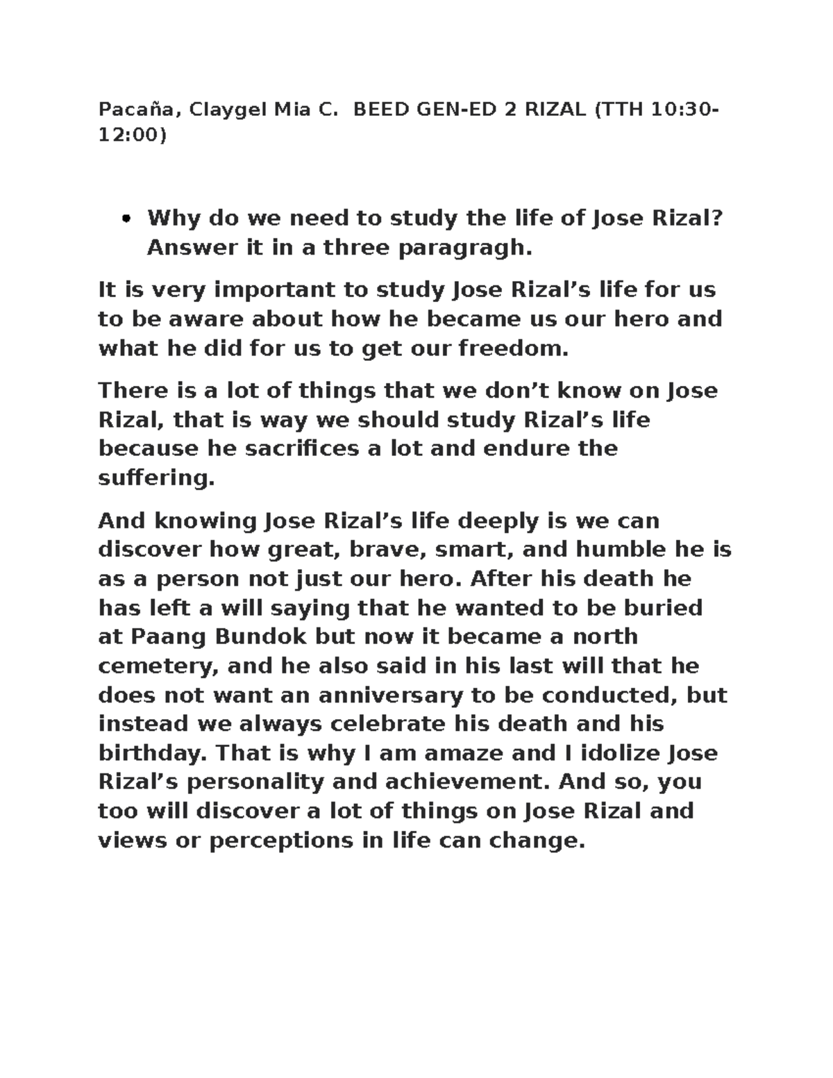 Rizal 2 - You can get some ideas. - Pacaña, Claygel Mia C. BEED GEN-ED ...