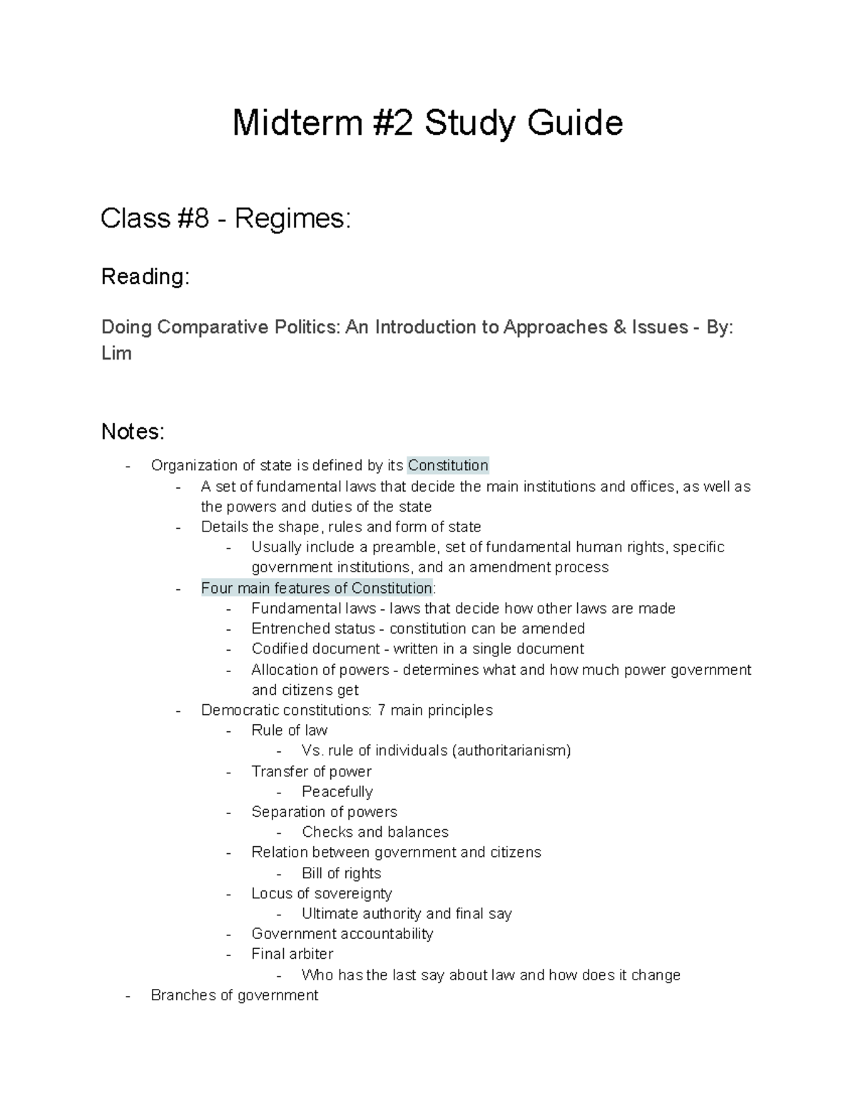 Midterm #2 Reading Notes - Midterm #2 Study Guide Class #8 - Regimes ...